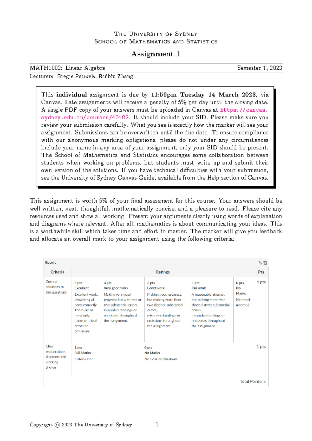 Assignment 1 - The University of Sydney School of Mathematics and Statistics Assignment 1 ...