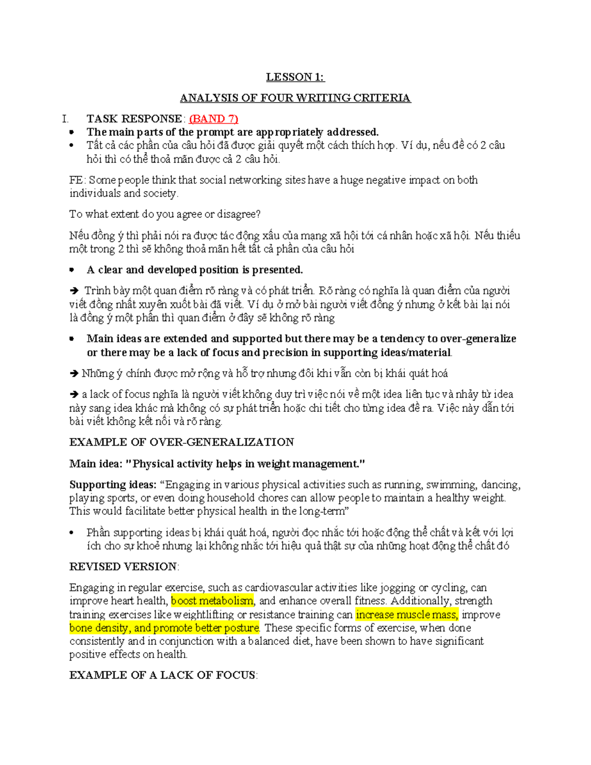 TASK 2 Lesson 1 - LESSON 1: ANALYSIS OF FOUR WRITING CRITERIA I. TASK ...
