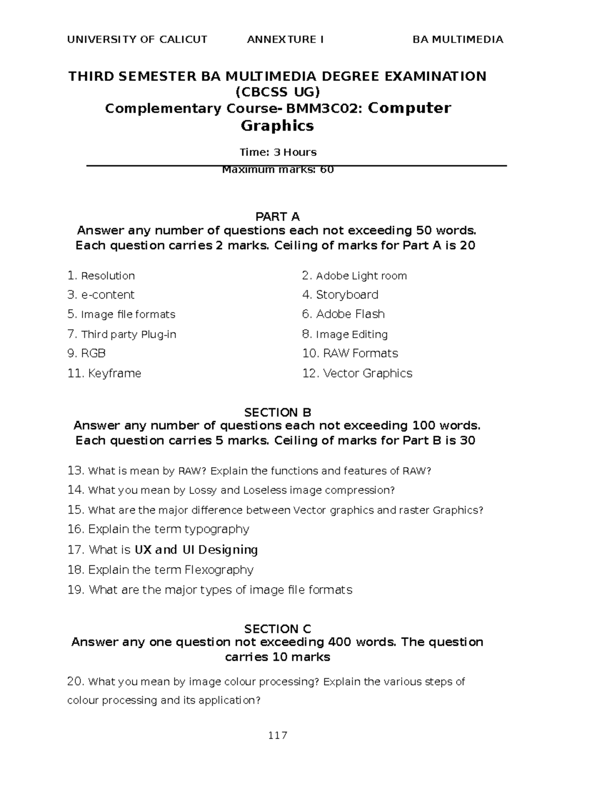 Computer graphics qp - UNIVERSITY OF CALICUT ANNEXTURE I BA MULTIMEDIA ...