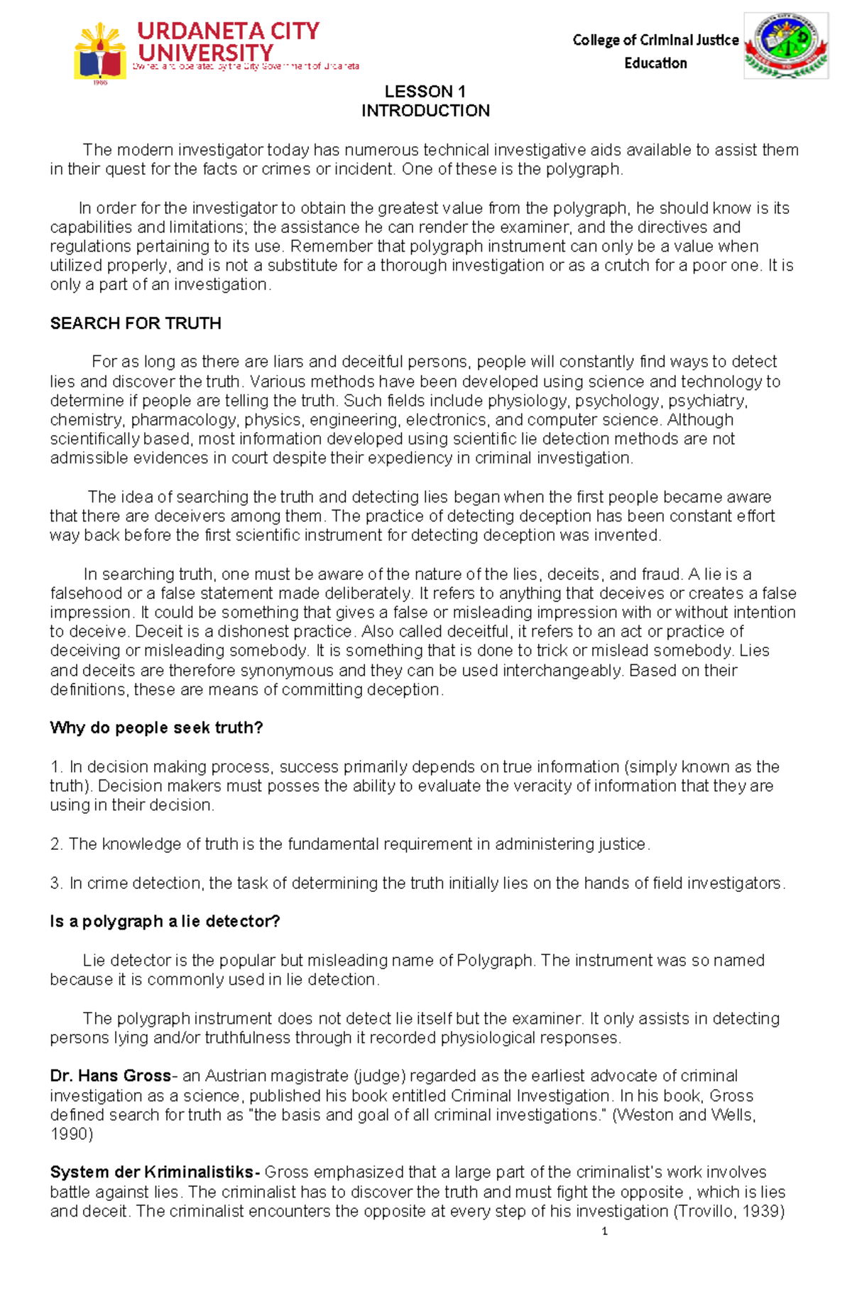 Notes FOR LIE Detection Techniques 2ND SEM UCU - Owned and operated by ...