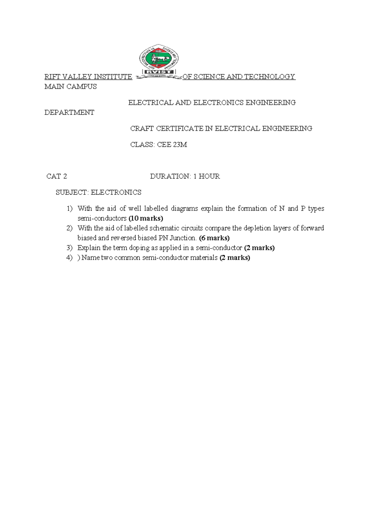 Electronics CAT 2 - RIFT VALLEY INSTITUTE OF SCIENCE AND TECHNOLOGY MAIN CAMPUS ELECTRICAL AND ...