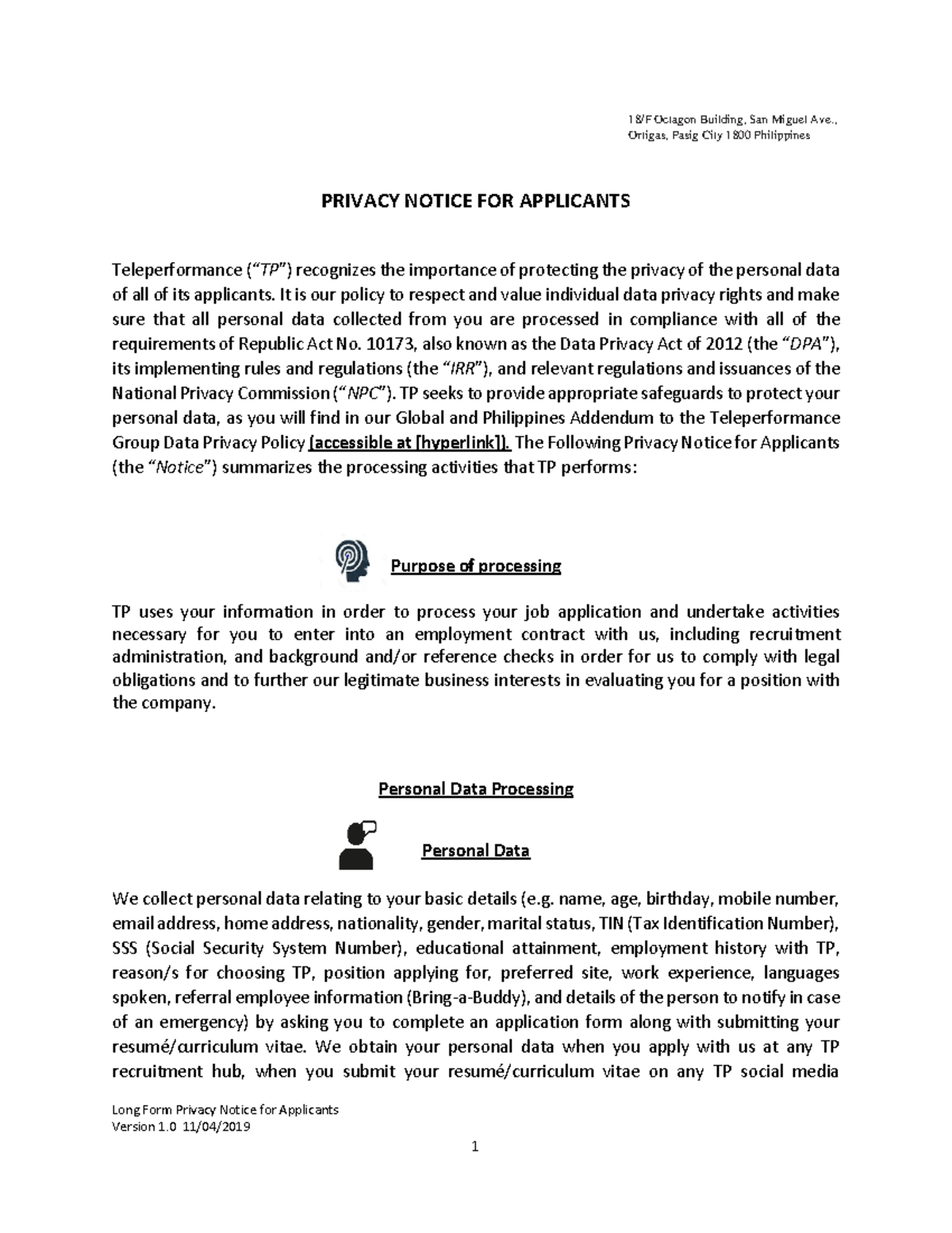 Long Form Privacy Notice for Applicants - , Ortigas, Pasig City 1800 ...