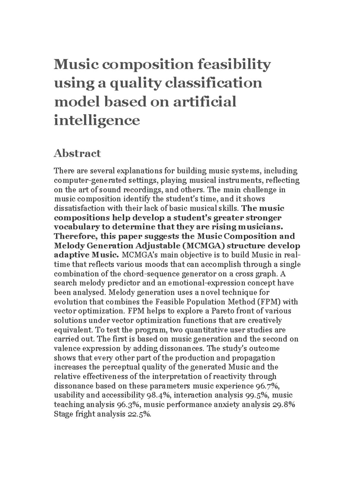 Music composition feasibility using a quality classification model ...