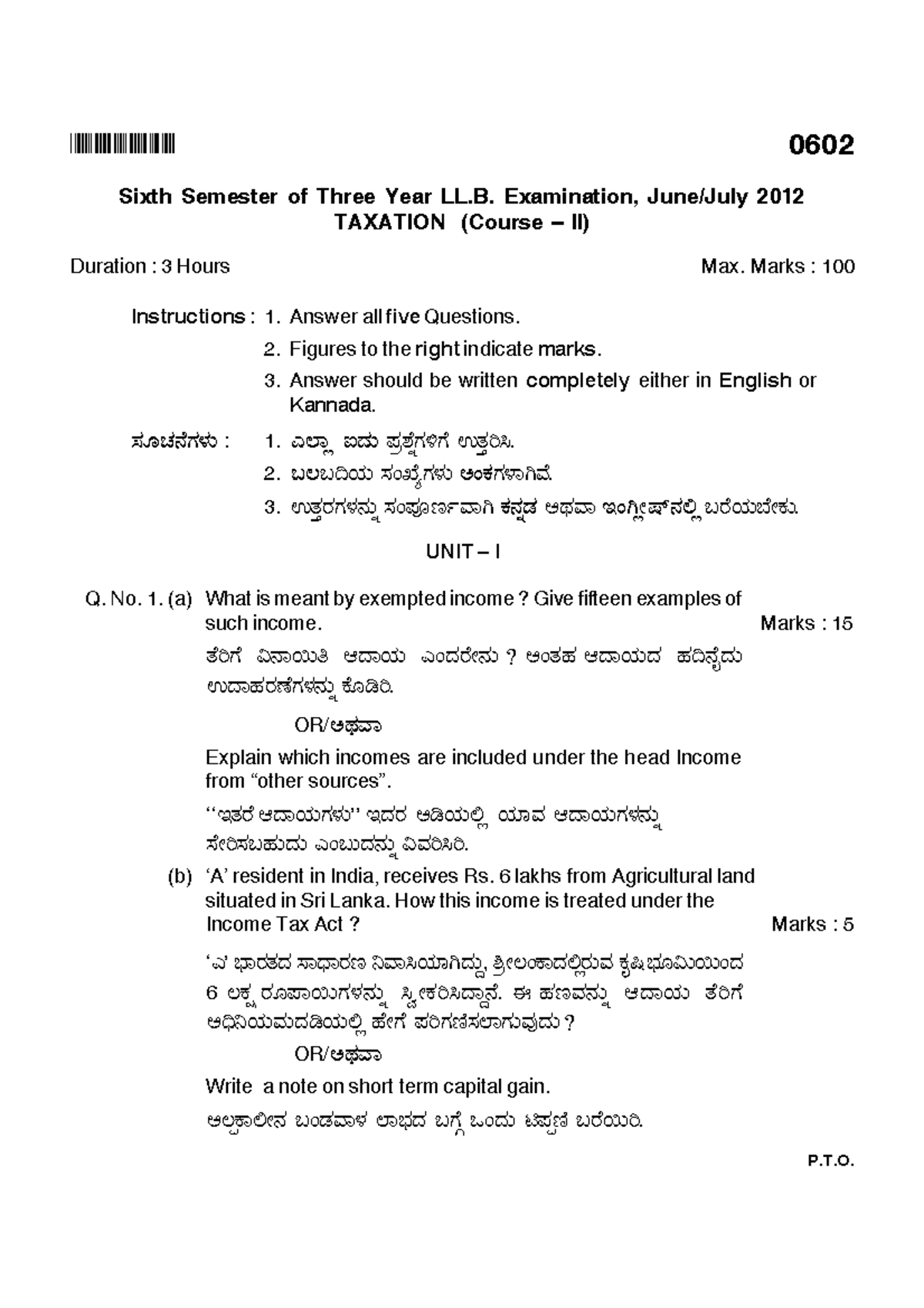 0602 Law of Taxation - Question paper - BHTHPB 0602 Sixth Semester of ...