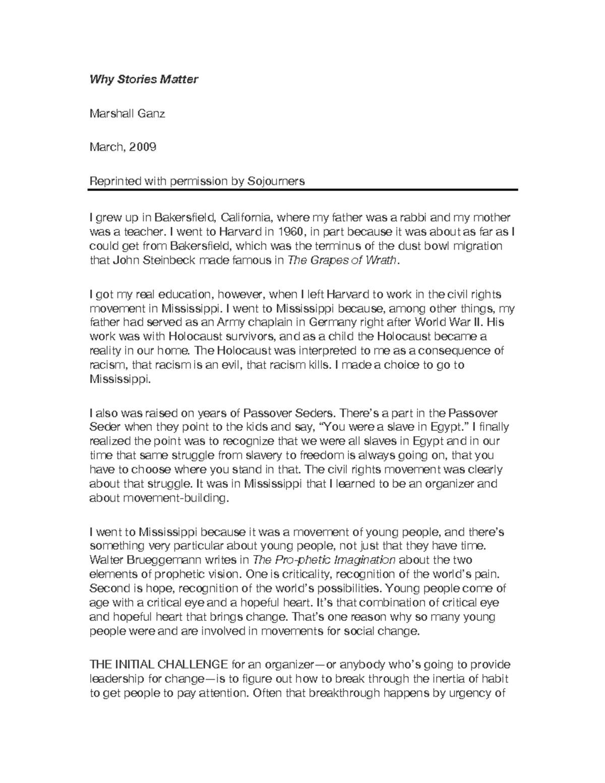 FYS 101 Ganz - reading - Why Stories Matter Marshall Ganz March, 2009 ...