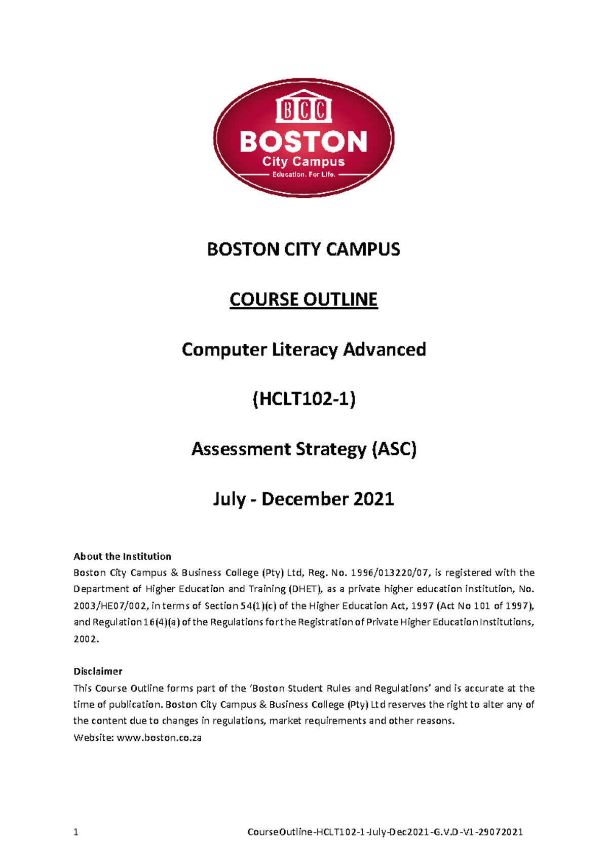 Computer Advanced Course Outline - BOSTON CITY CAMPUS COURSE OUTLINE ...