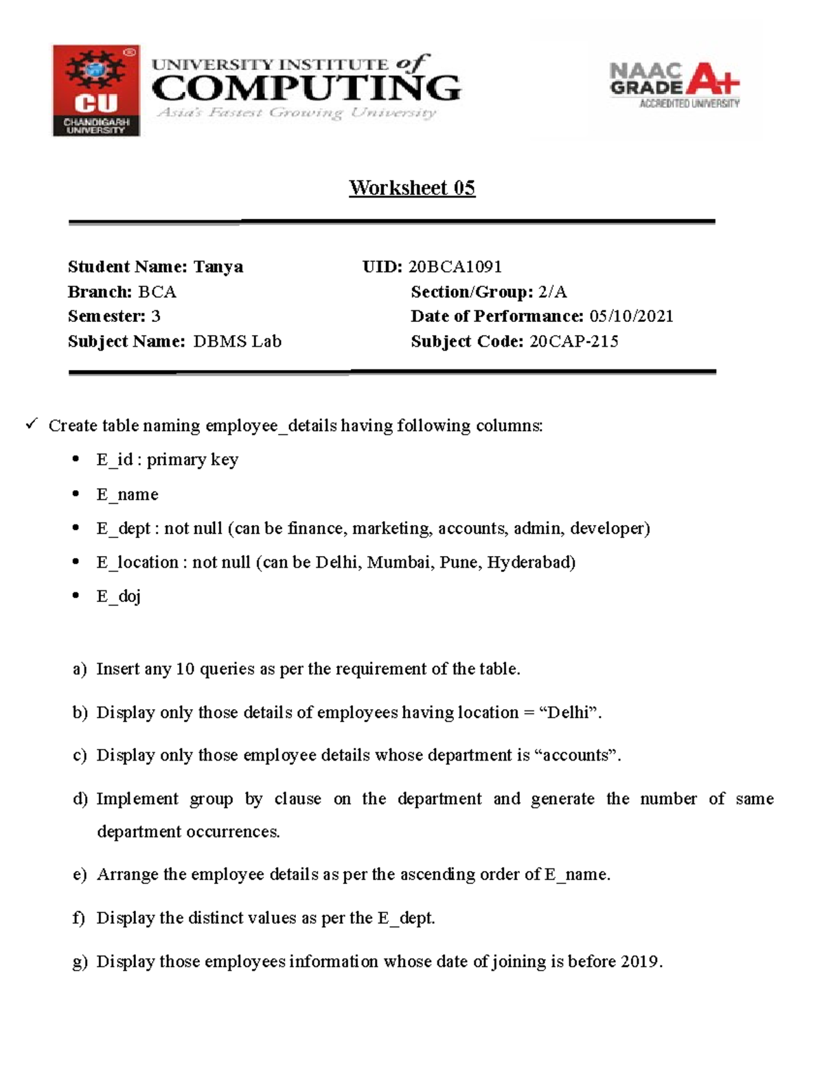 Worksheet 5 - Nice - Bachelors of Computer Applications - Studocu