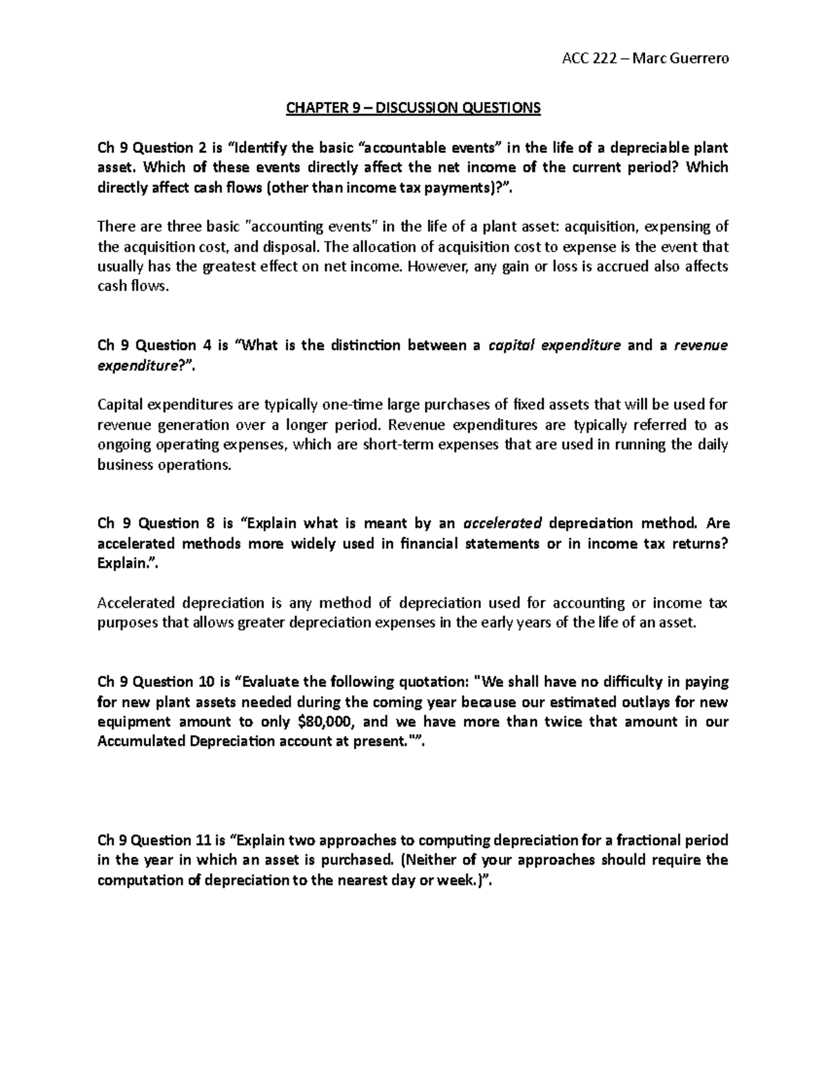 Discussion Questions Ch9 - ACC 222 – Marc Guerrero CHAPTER 9 ...