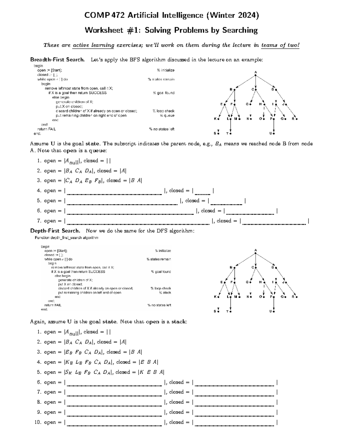 Artificial Intelligence Worksheet 2 - COMP 472 Artificial Intelligence ...