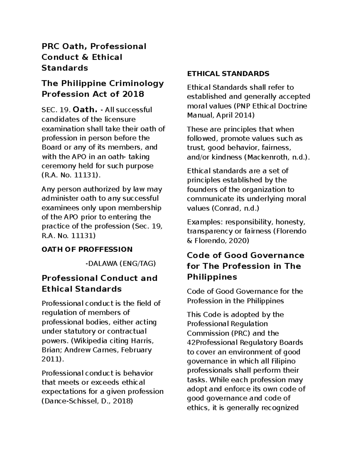OATH Ethics - PRC Oath, Professional Conduct & Ethical Standards The Philippine Criminology ...
