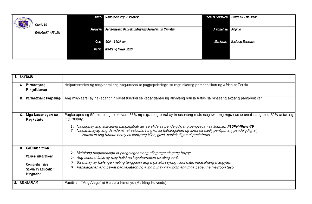 CNHS Ang Alaga Final Demo Semi LP - Grade 10 BANGHAY ARALIN Paaralan ...