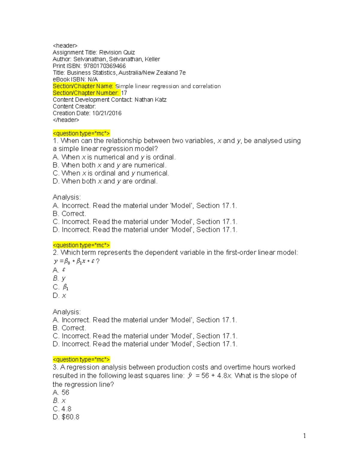 Selvanathan 7e rq ch17 - Assignment Title: Revision Quiz Author: Selvanathan, - Studocu