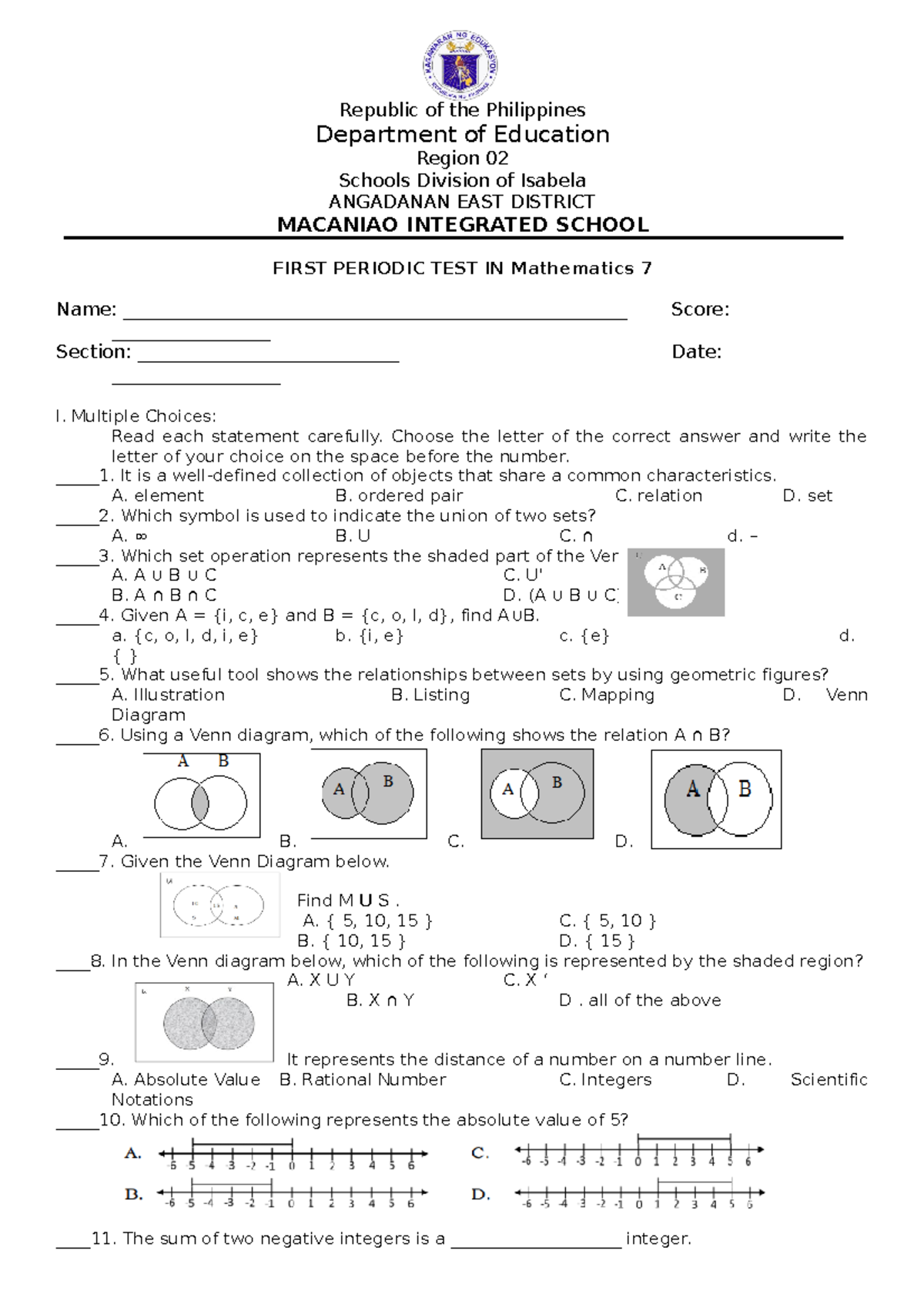 FIRST Periodical TEST IN Mathematics 7 - Republic of the Philippines ...