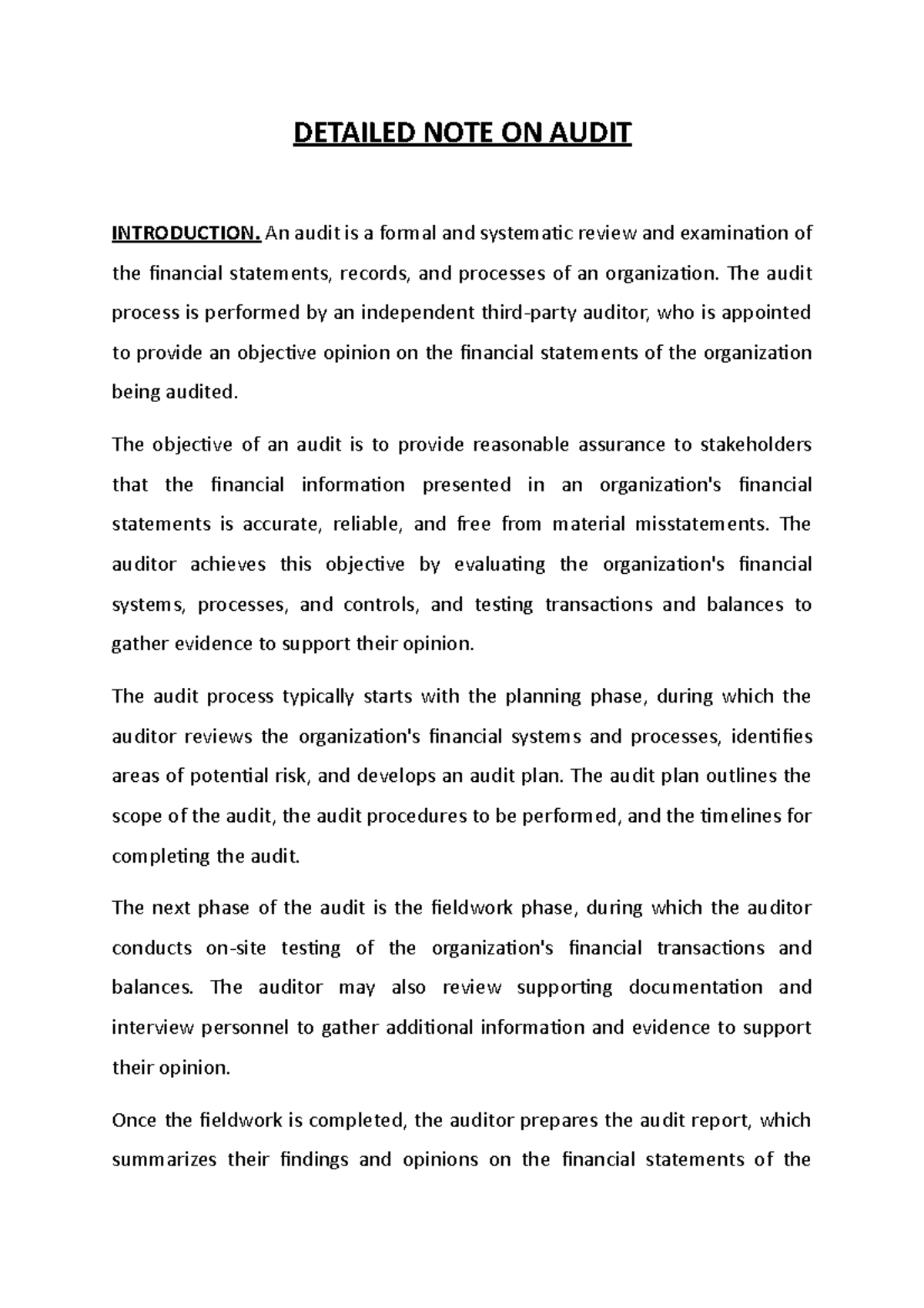 Detailed Note On Audit - DETAILED NOTE ON AUDIT INTRODUCTION. An audit ...