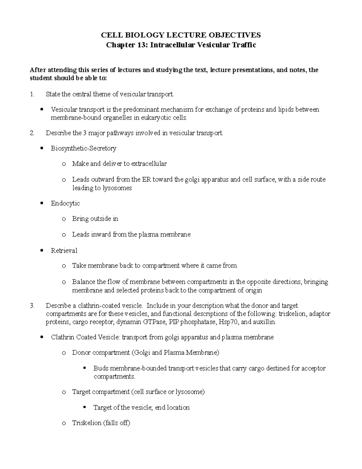 CH 13 Objectives - Summary Molecular Biology of the Cell - CELL BIOLOGY LECTURE OBJECTIVES ...