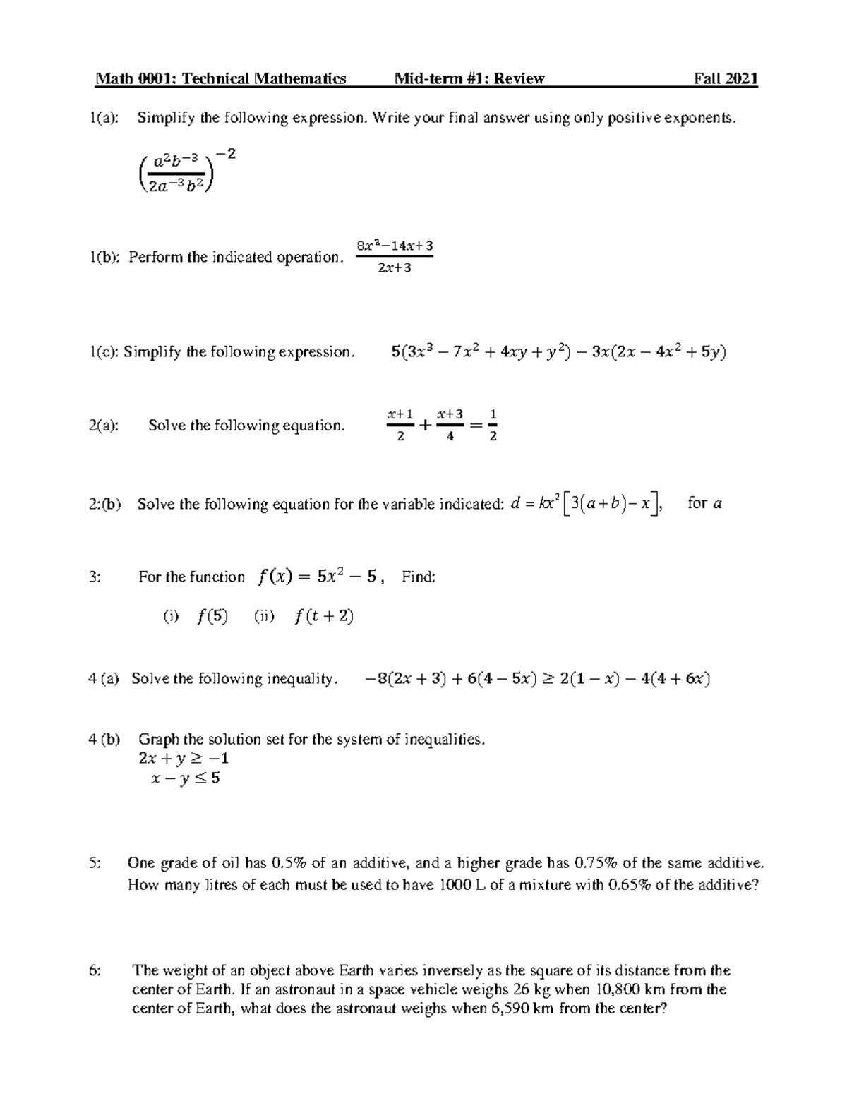 Review Mid Term 1 Sept 2021 - Math 0001: Technical Mathematics Mid-term ...