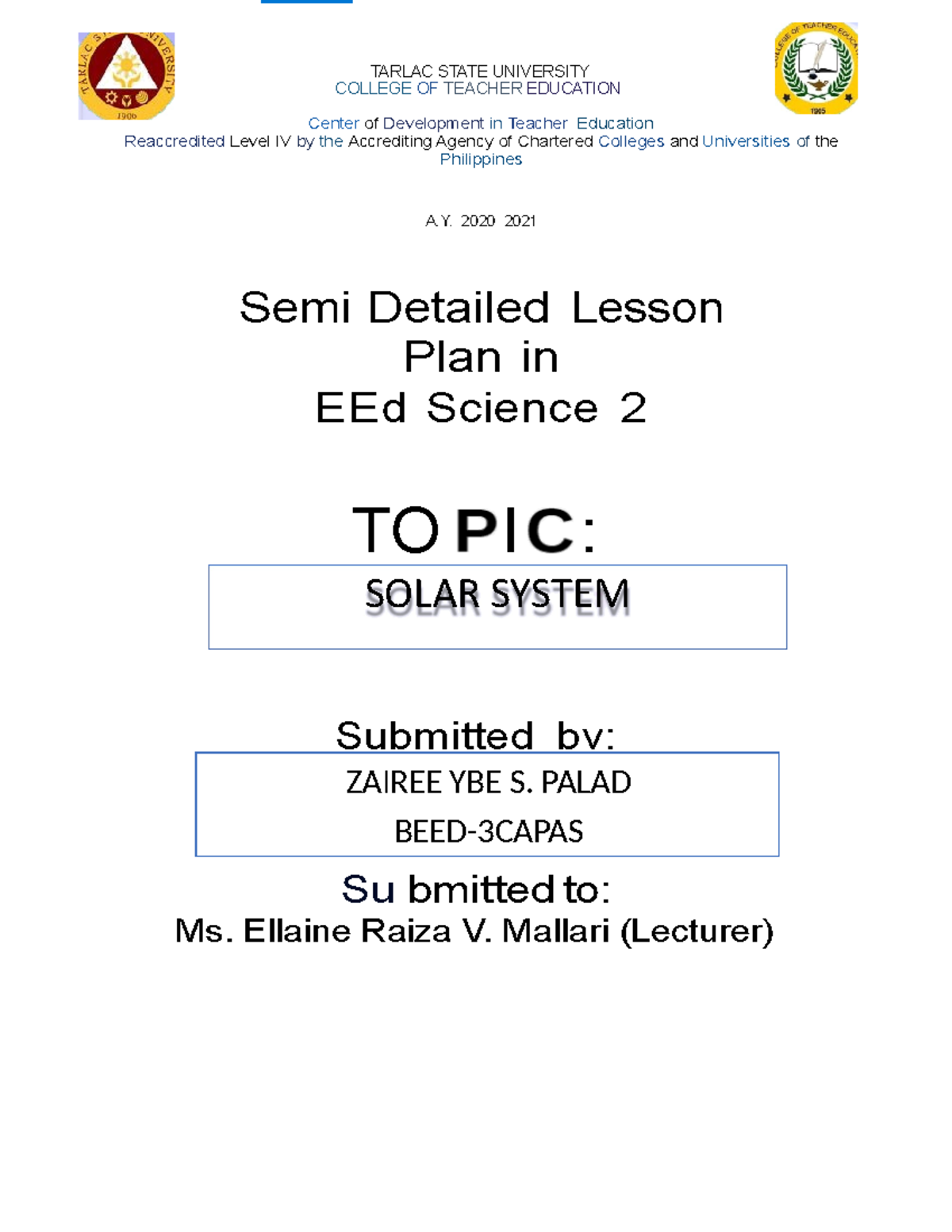 Palad-Z - SDFD - SOLAR SYSTEM TARLAC STATE UNIVERSITY COLLEGE OF ...