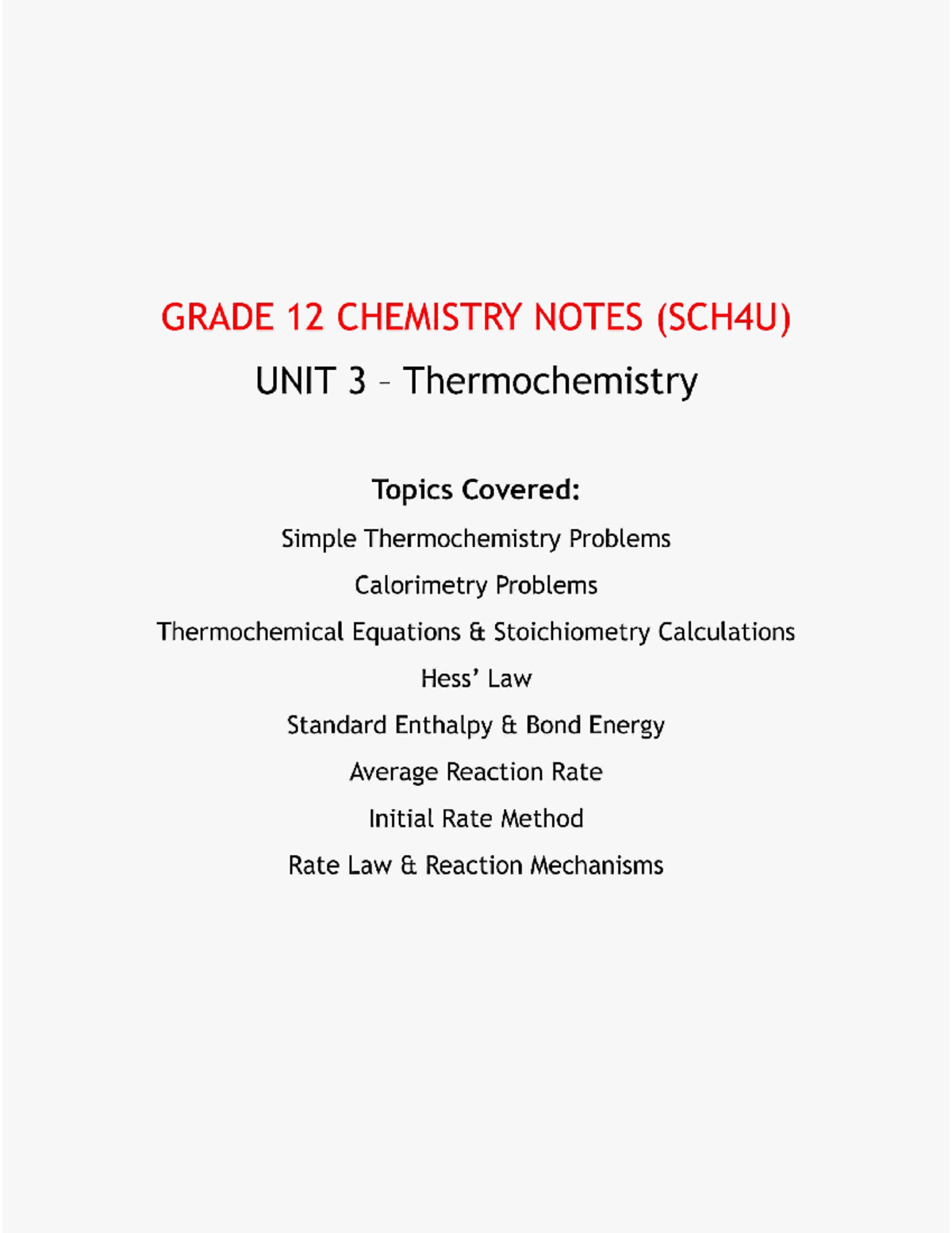 SCH4U - Chemistry Gr. 12 - THERMOCHEMISTRY Class Notes (Review ...