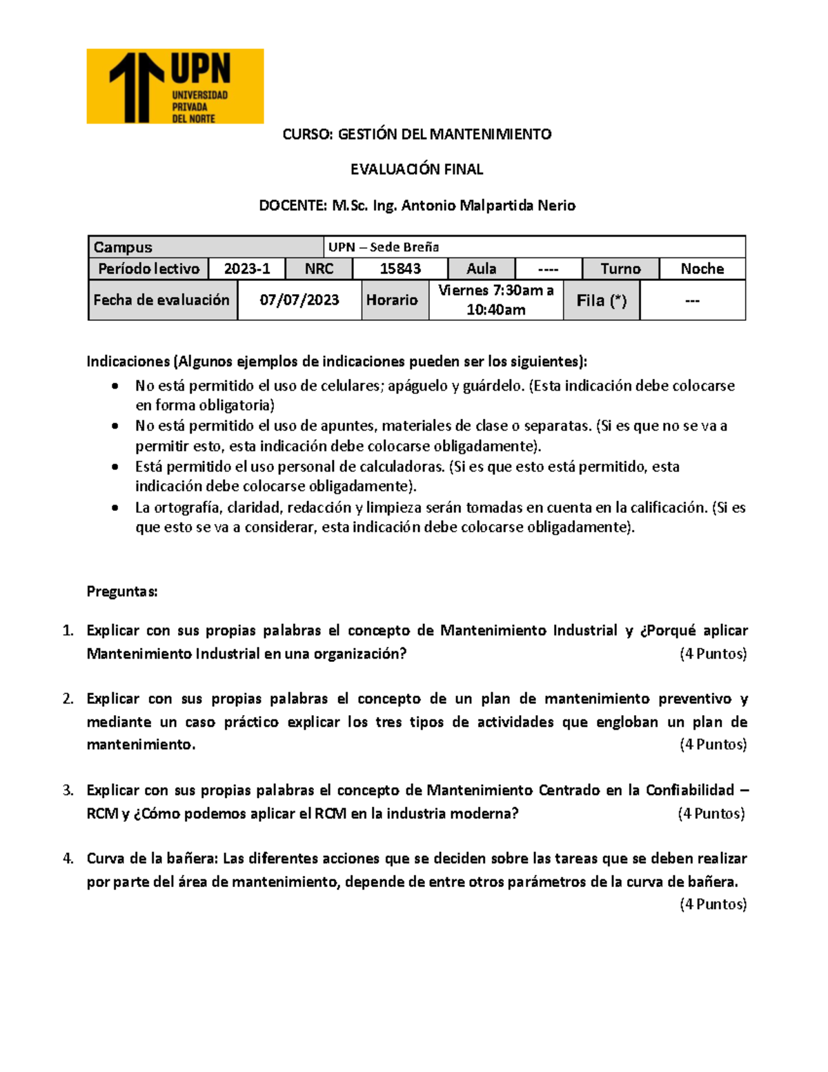 Evaluación Final Gestión del Mantenimiento RCN 15843 - CURSO: GESTI”N DEL MANTENIMIENTO EVALUACI ...