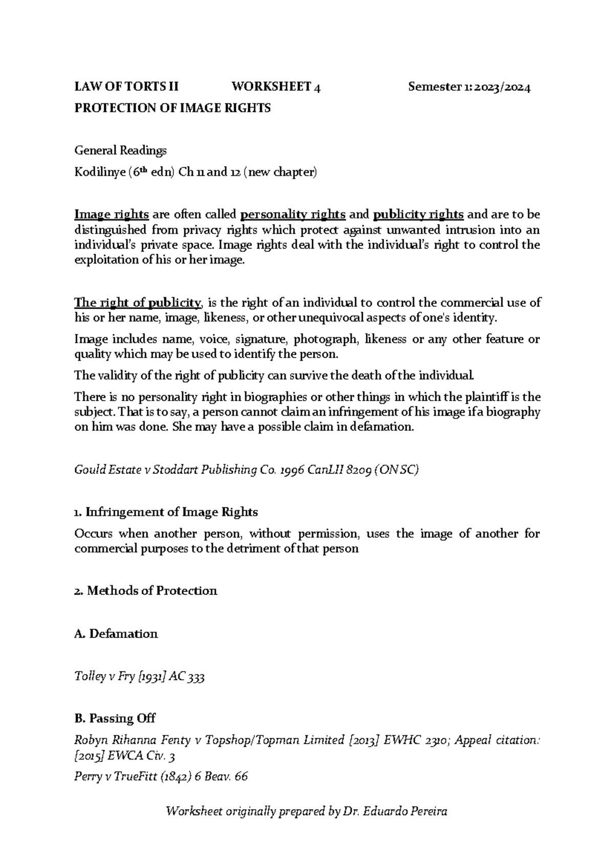Wkst-Image Rights - LAW OF TORTS II WORKSHEET 4 Semester 1 : 2023 /202 ...