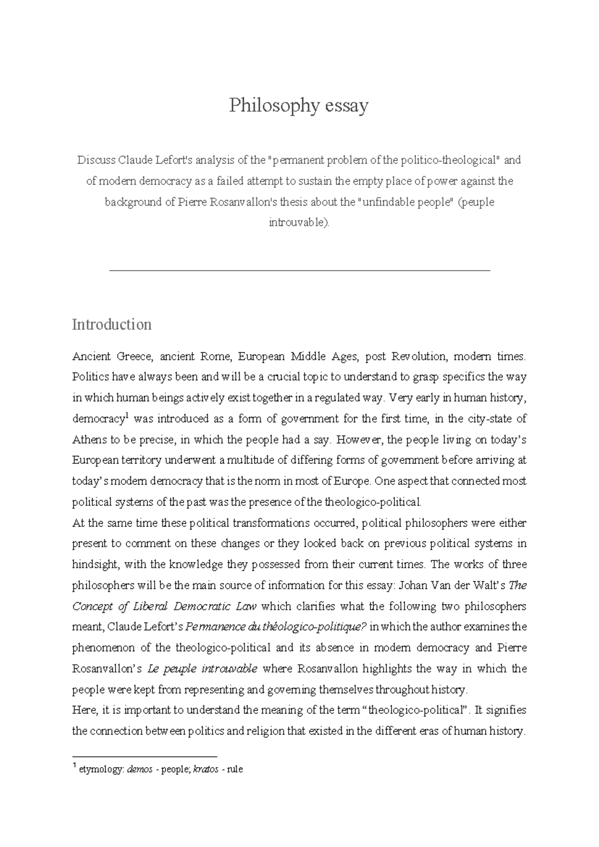 Philosophy final essay - Philosophy essay Discuss Claude Lefort's ...