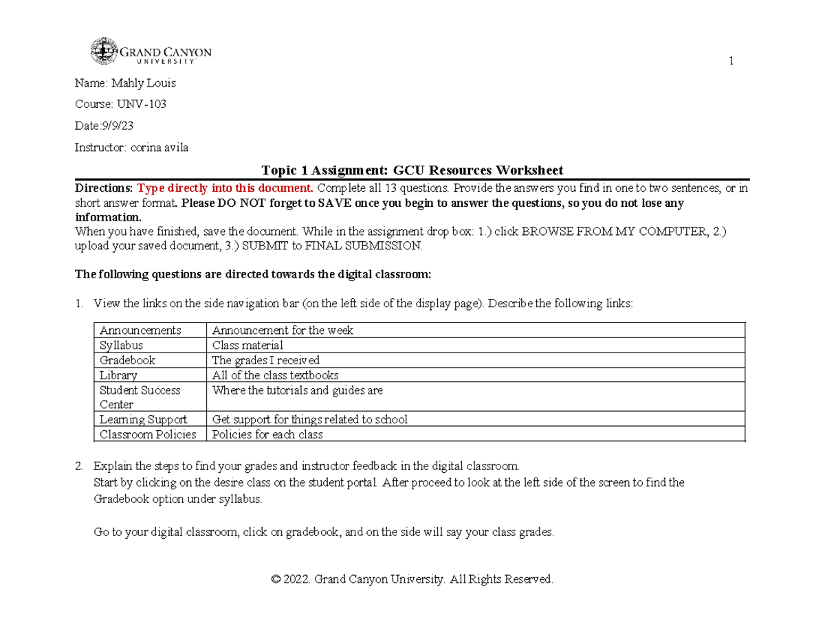 UNV 103 RS T1 Resources Worksheett - Name: Mahly Louis Course: UNV ...