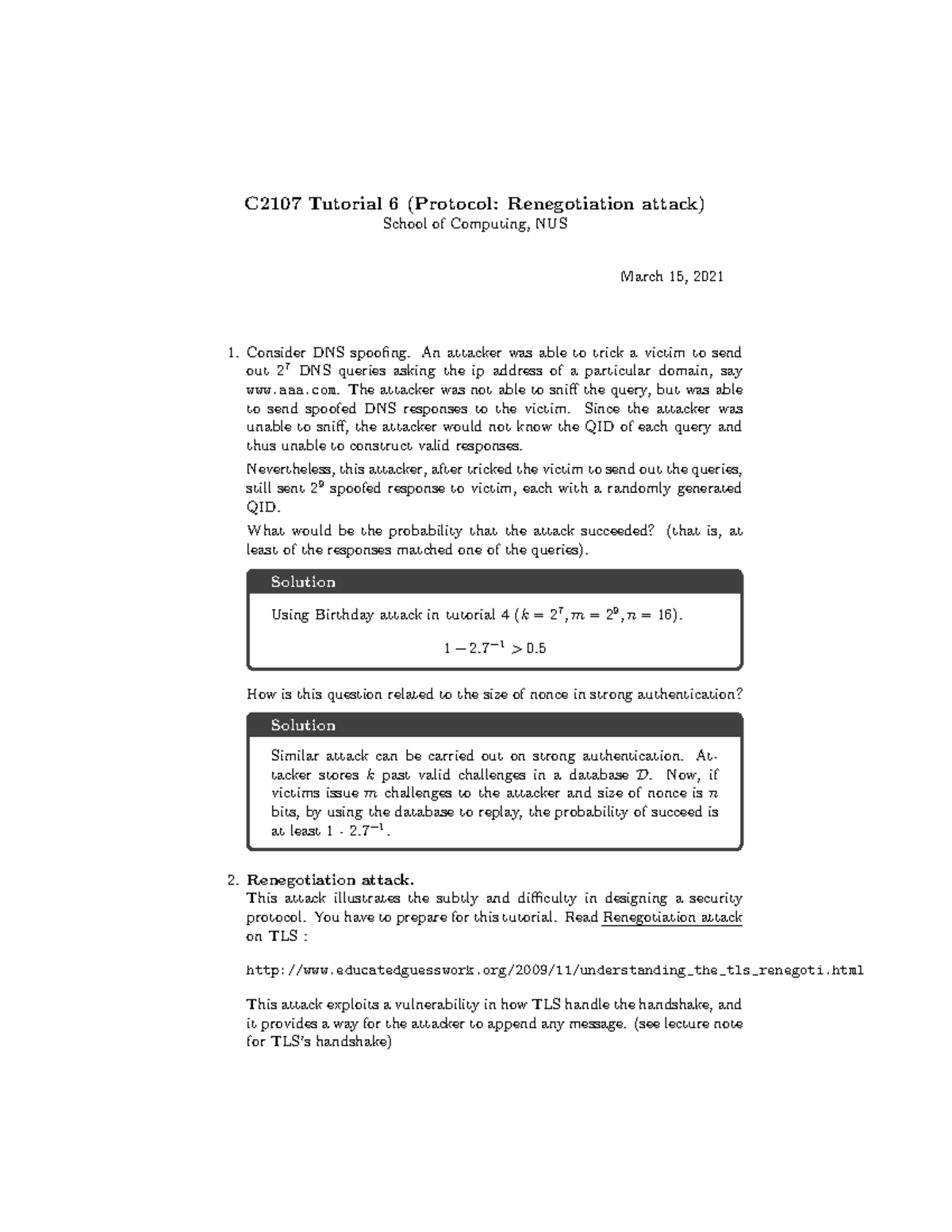 2021 tutorial 6 answer - C2107 Tutorial 6 (Protocol: Renegotiation attack) School of Computing ...
