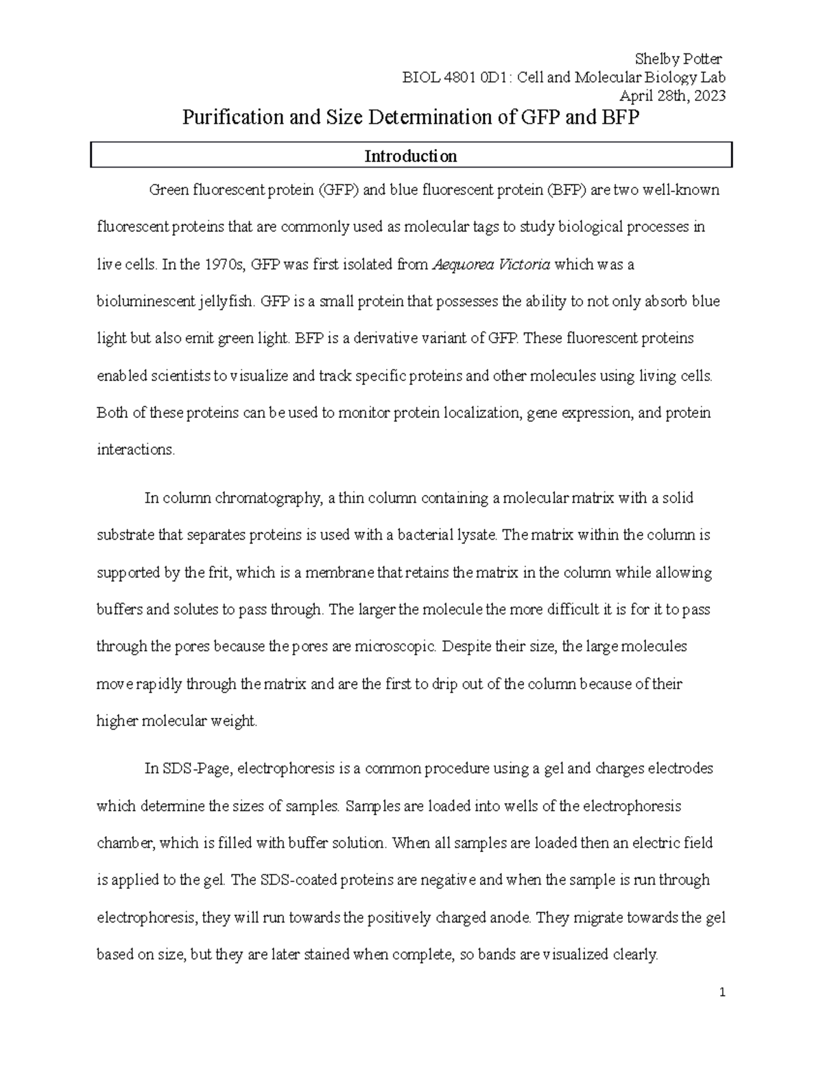 Purification and size determination of GFP and BFP - BIOL 4801 0D1 ...