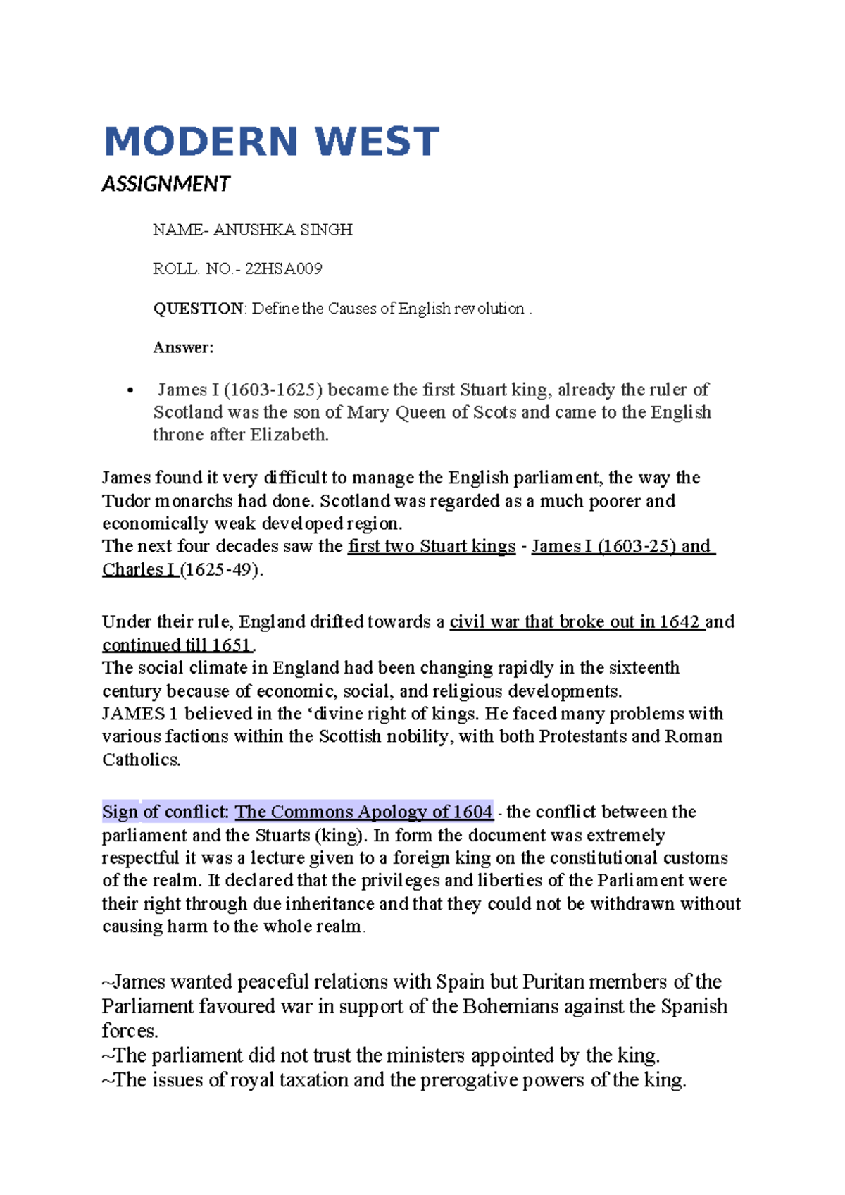 Modern WEST - MODERN WEST ASSIGNMENT NAME- ANUSHKA SINGH ROLL. NO ...