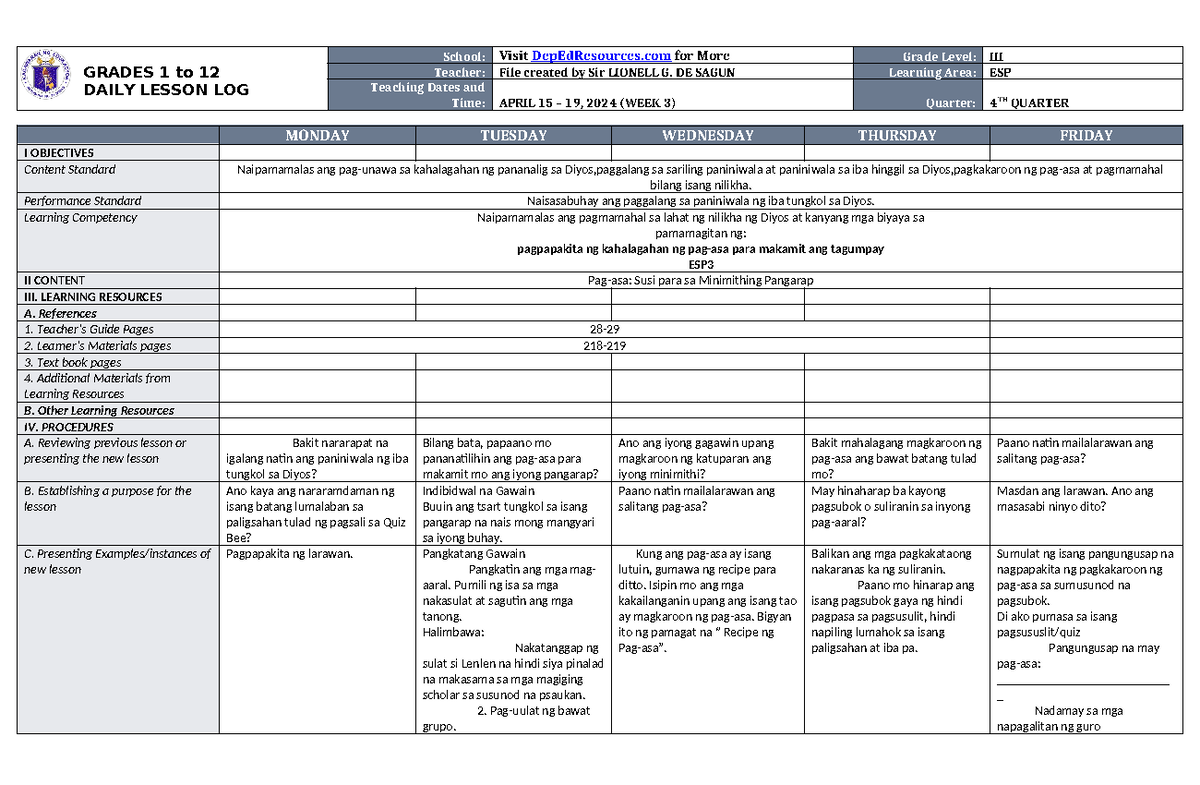 DLL ESP 3 Q4 W3 - GUIDE - GRADES 1 to 12 DAILY LESSON LOG School: Visit ...