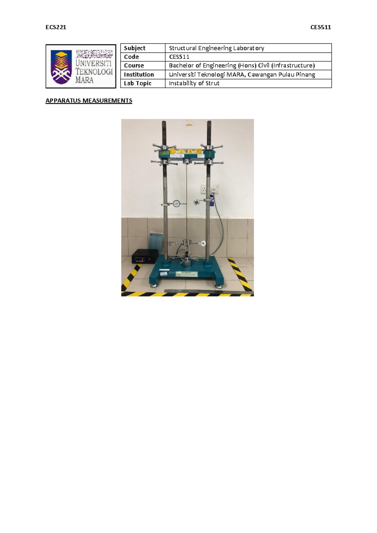 WEEK 2- Instability OF Strut - Structural engineering lab - UiTM - Studocu