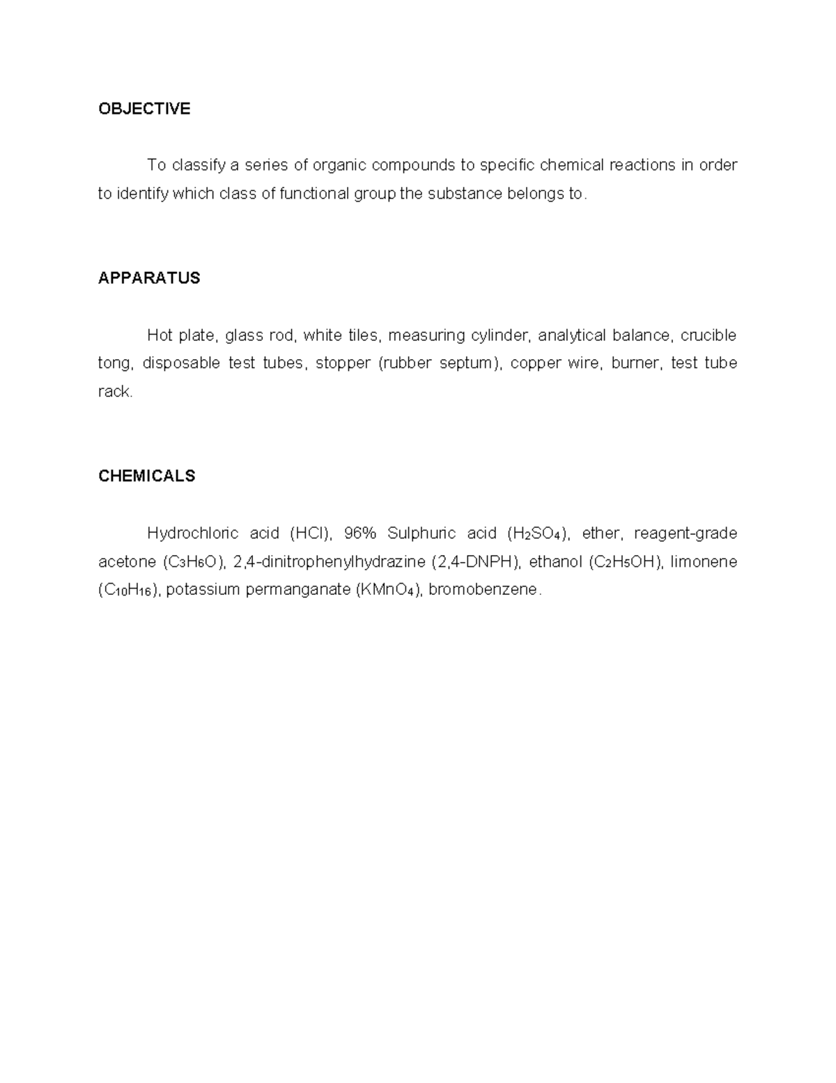 Lab report - Functional group identification - OBJECTIVE To classify a ...