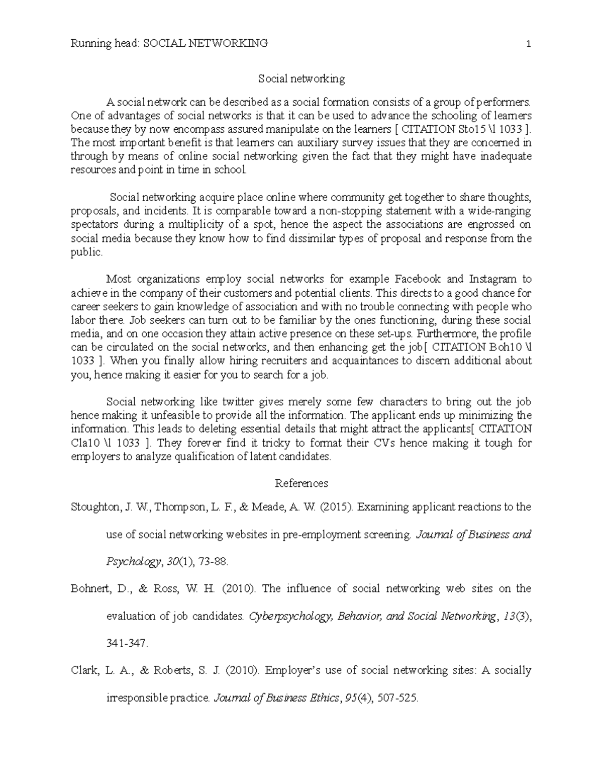 Social networking - essay - Running head: SOCIAL NETWORKING 1 Social ...