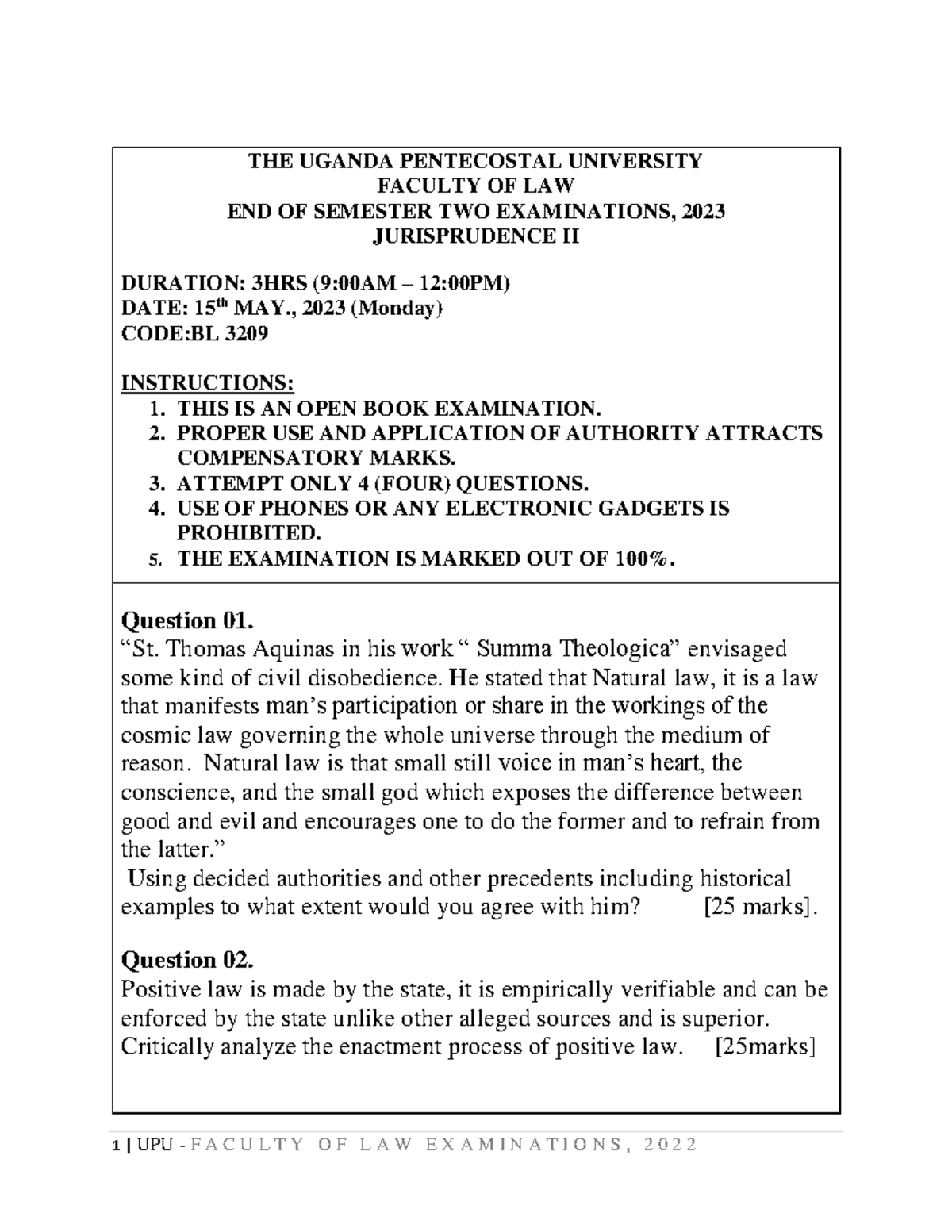Jurisprudence+ II EXAM - 1 | UPU - F A C U L T Y O F L A W E X A M I N ...