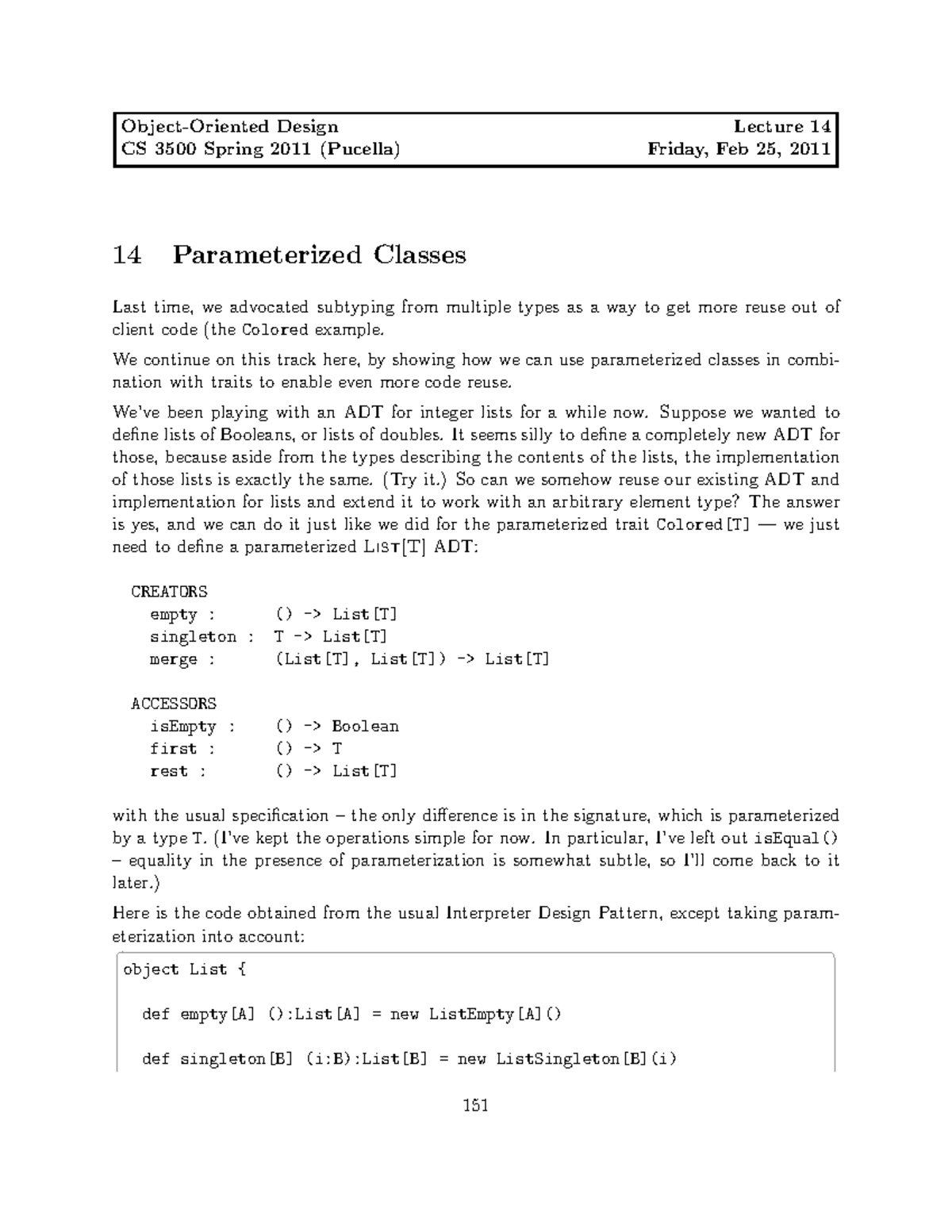 Lecture notes, lecture 14 - Polymorphic - Design CS 3500 Spring 2011 ...