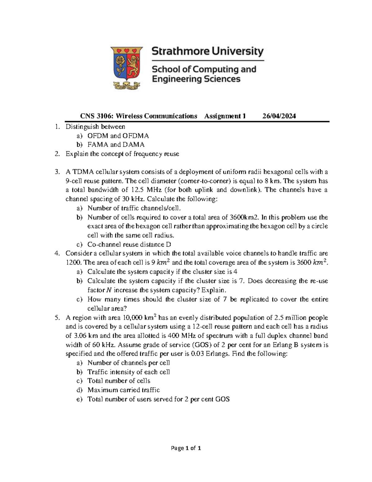 Wireless Assignment 1 - Page 1 of 1 CNS 3106: Wireless Communications Assignment 1 26/04/ - Studocu