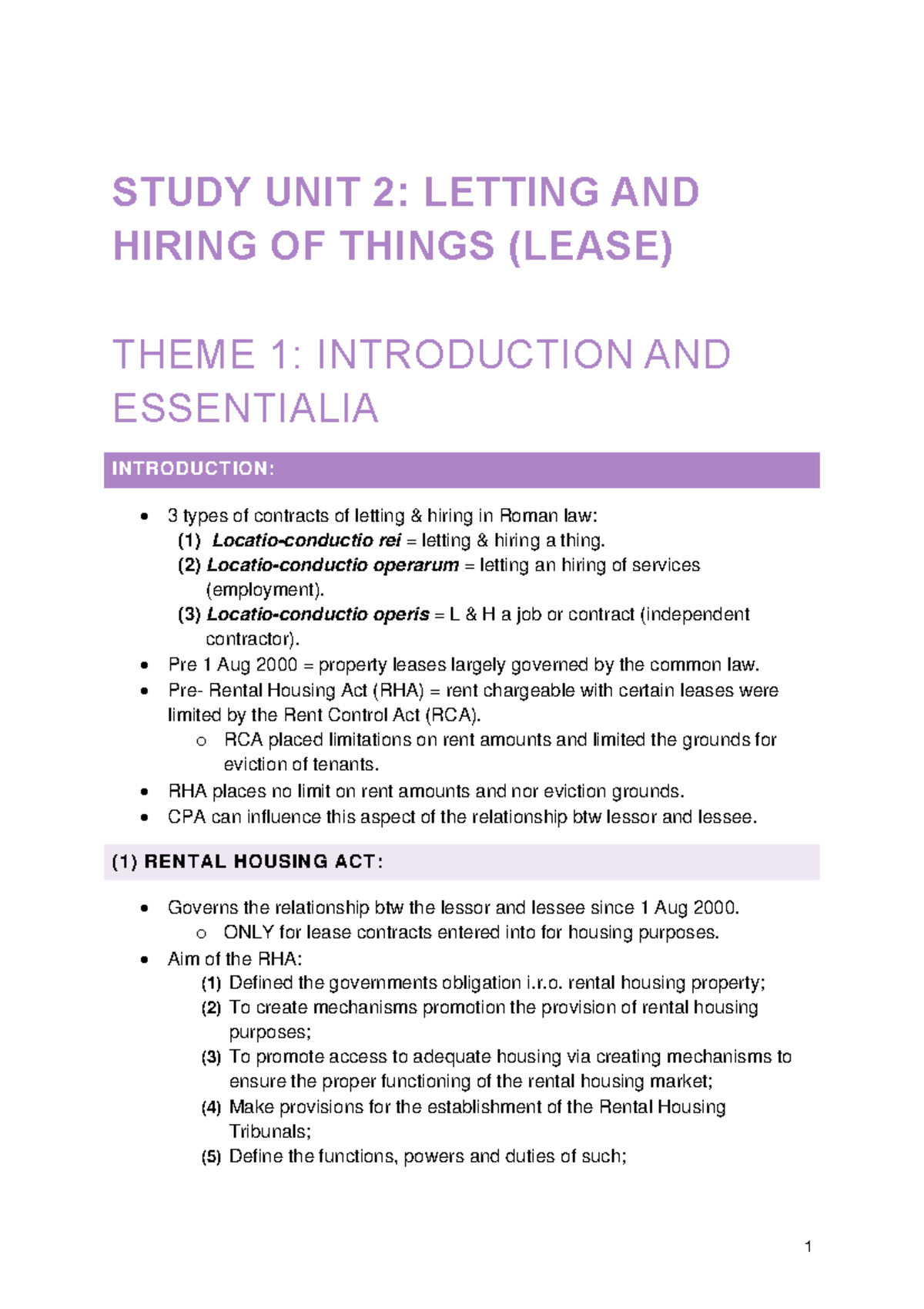 KTH Exam Notes - STUDY UNIT 2: LETTING AND HIRING OF THINGS (LEASE ...