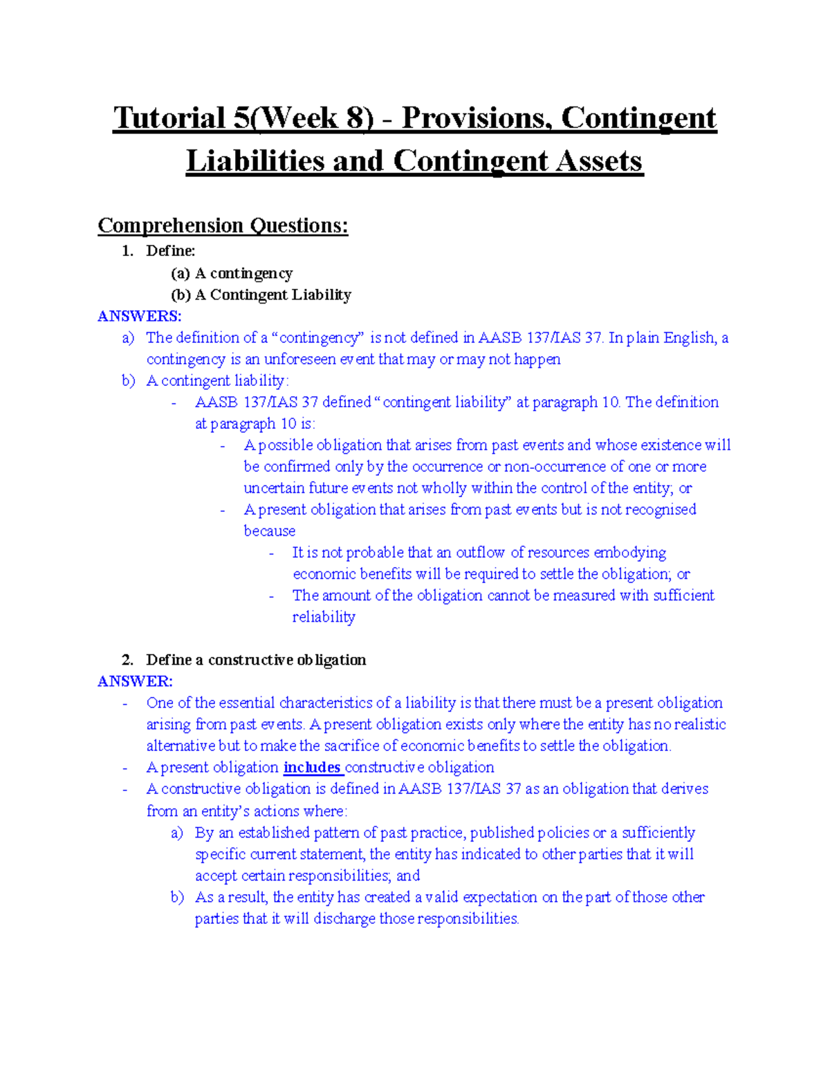 Tutorial 5(Week 8) - Provisions, Contingent Liabilities and Contingent ...