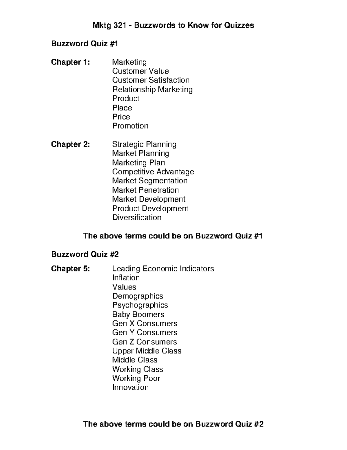 MKTG 321 Buzzwords to Know for Quizzes - Mktg 321 - Buzzwords to Know ...