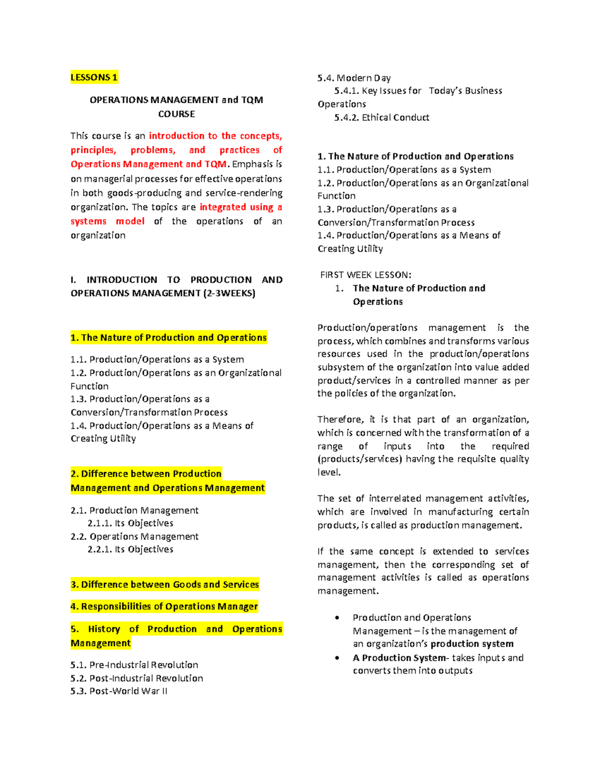 Lessons 1 - Operations Management and TQM Course - JOB SHOP Production ...