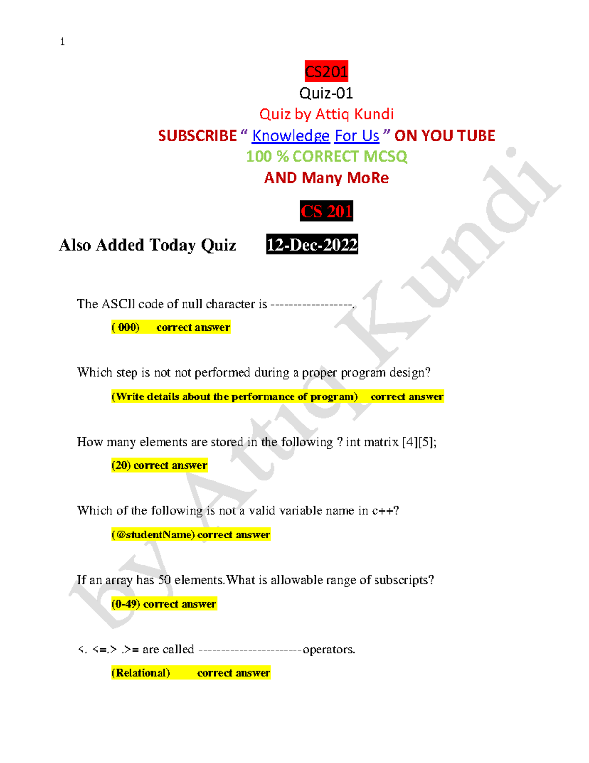 CS201 Quiz-1 by Attiq Kundi-updated on 12-12-2022 - CS Quiz- Quiz by ...