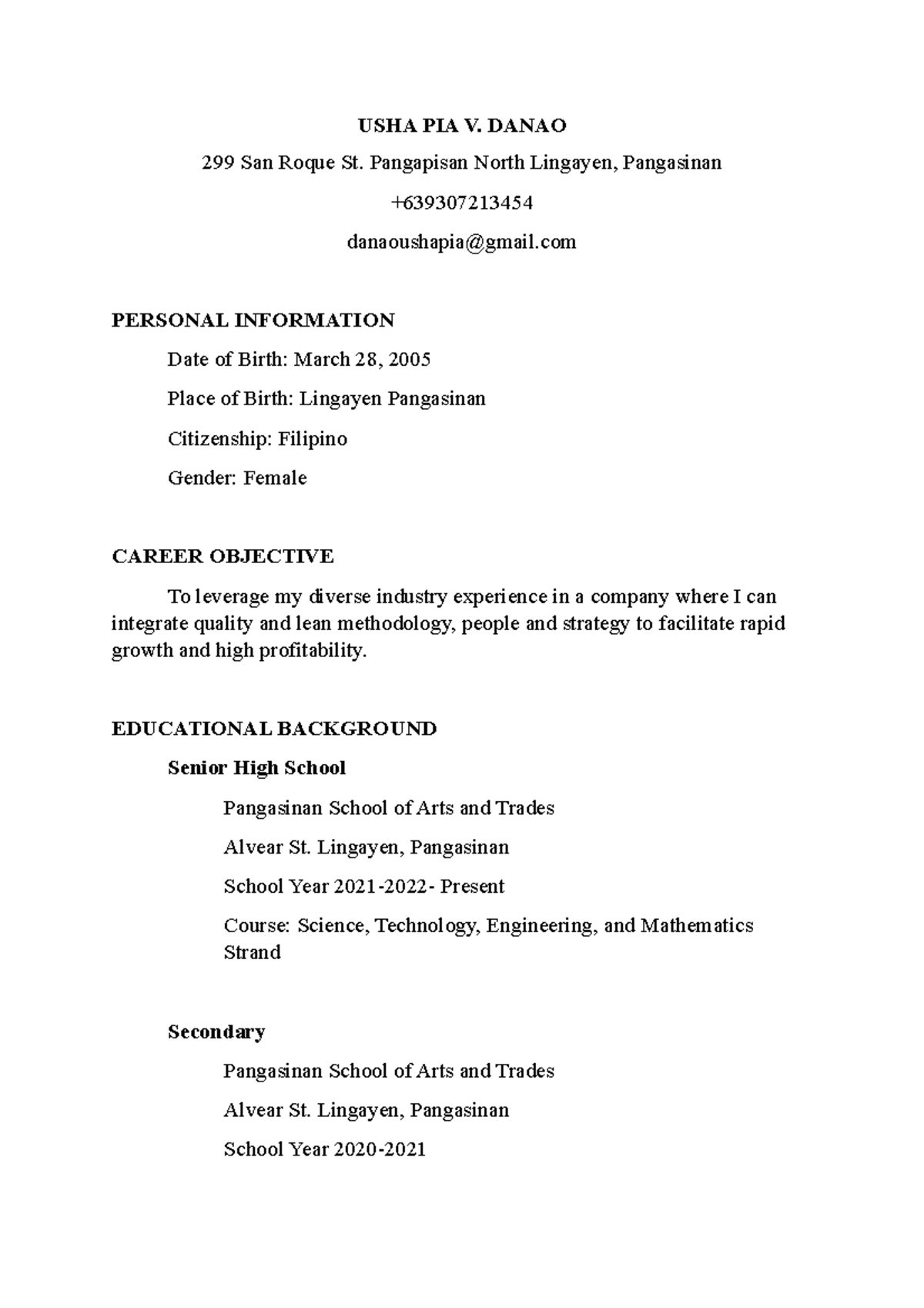 Résumé-UPVD - Resume - USHA PIA V. DANAO 299 San Roque St. Pangapisan ...