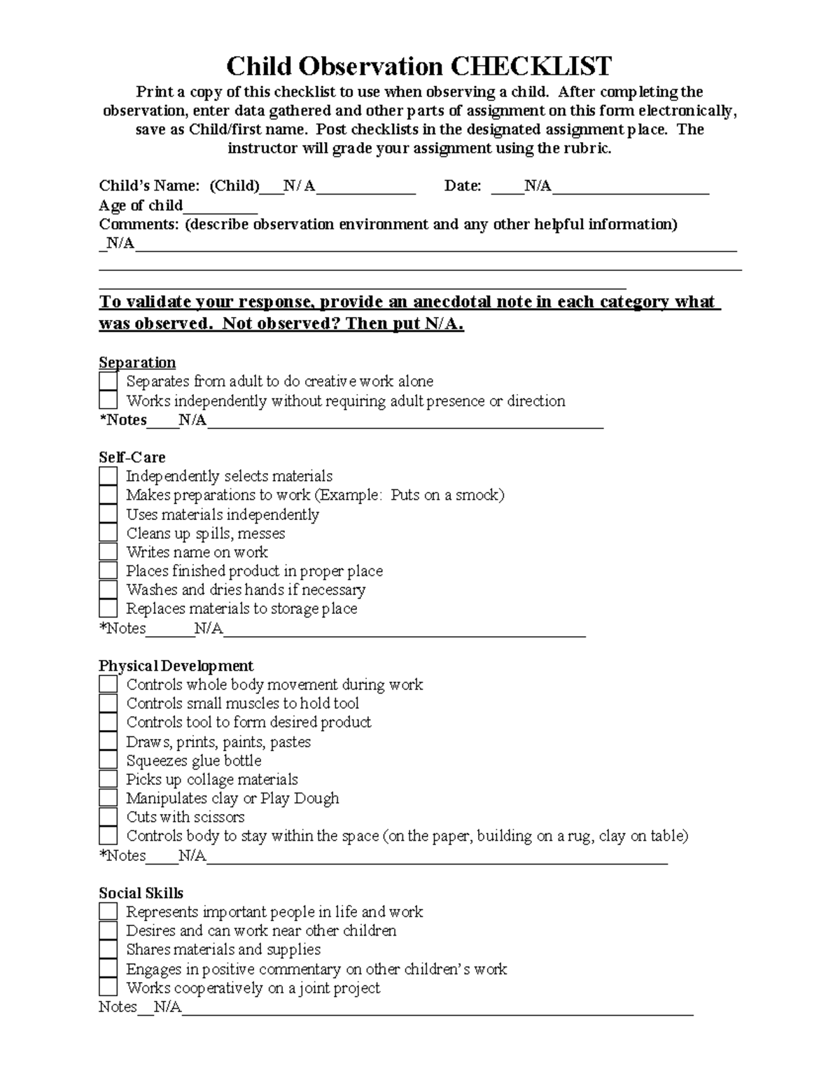 Zoe Coy ECED 103 Child Observation checklist s17 - Child Observation ...