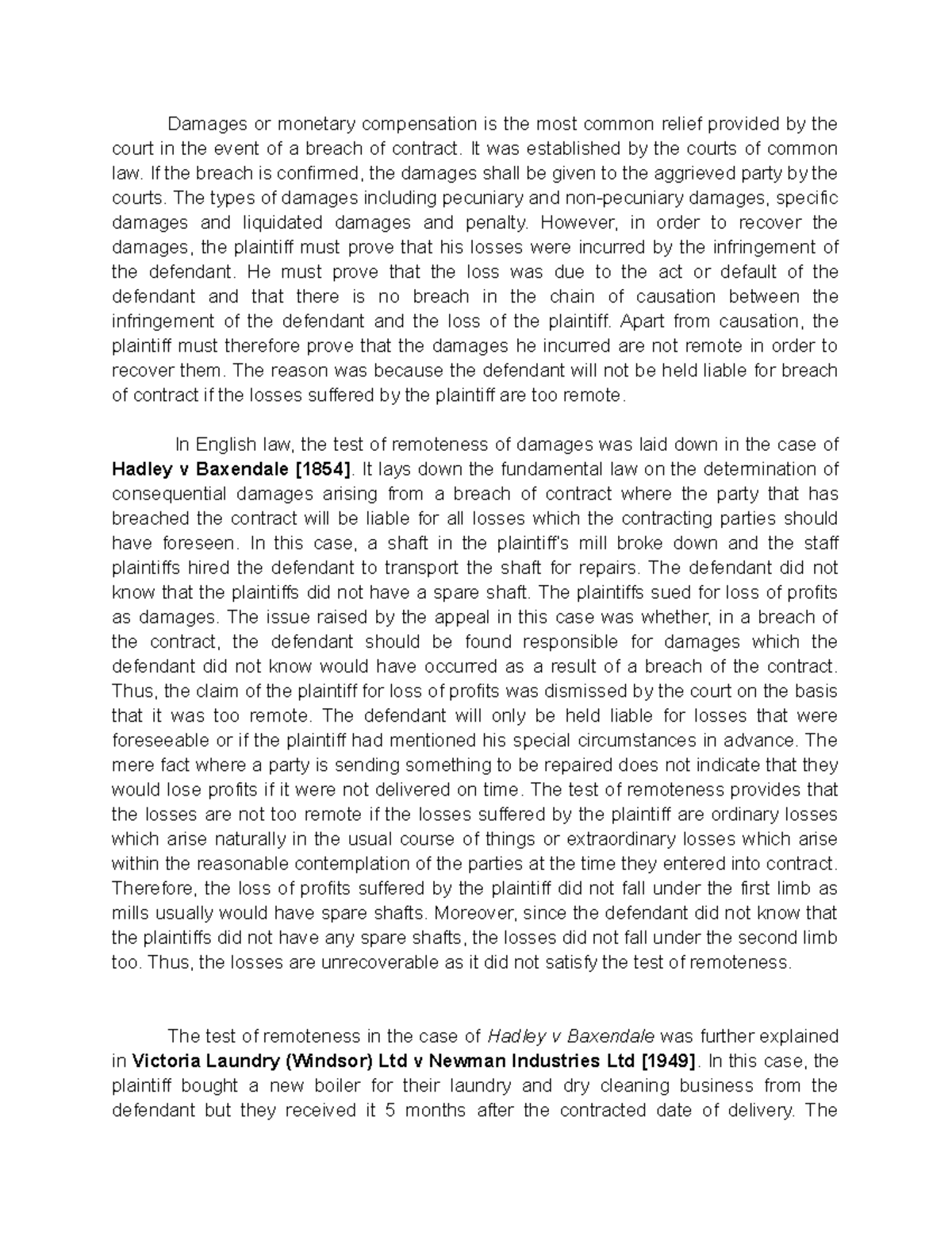 Contract II Damages - tutorial - Damages or monetary compensation is ...