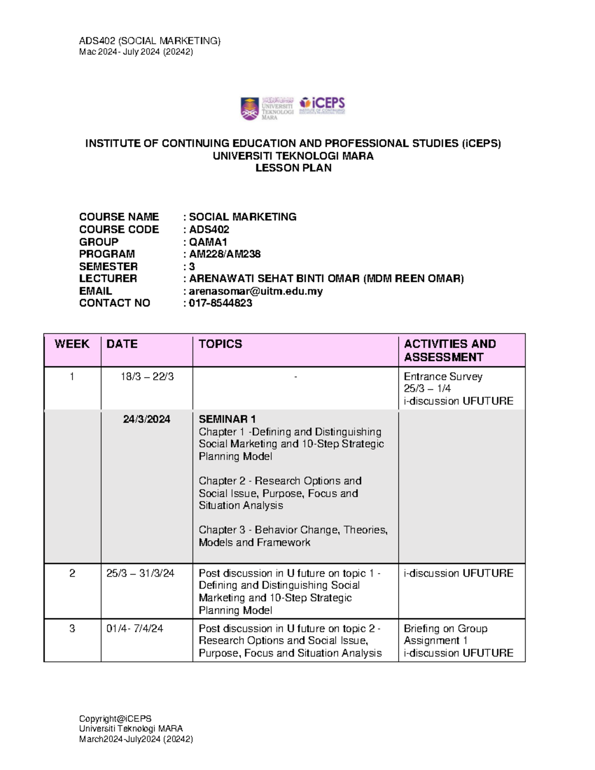 (ASO) Template Lesson PLAN FOR SEM MAC 24 - JULY 24 ADS 402 - Mac 2024 ...