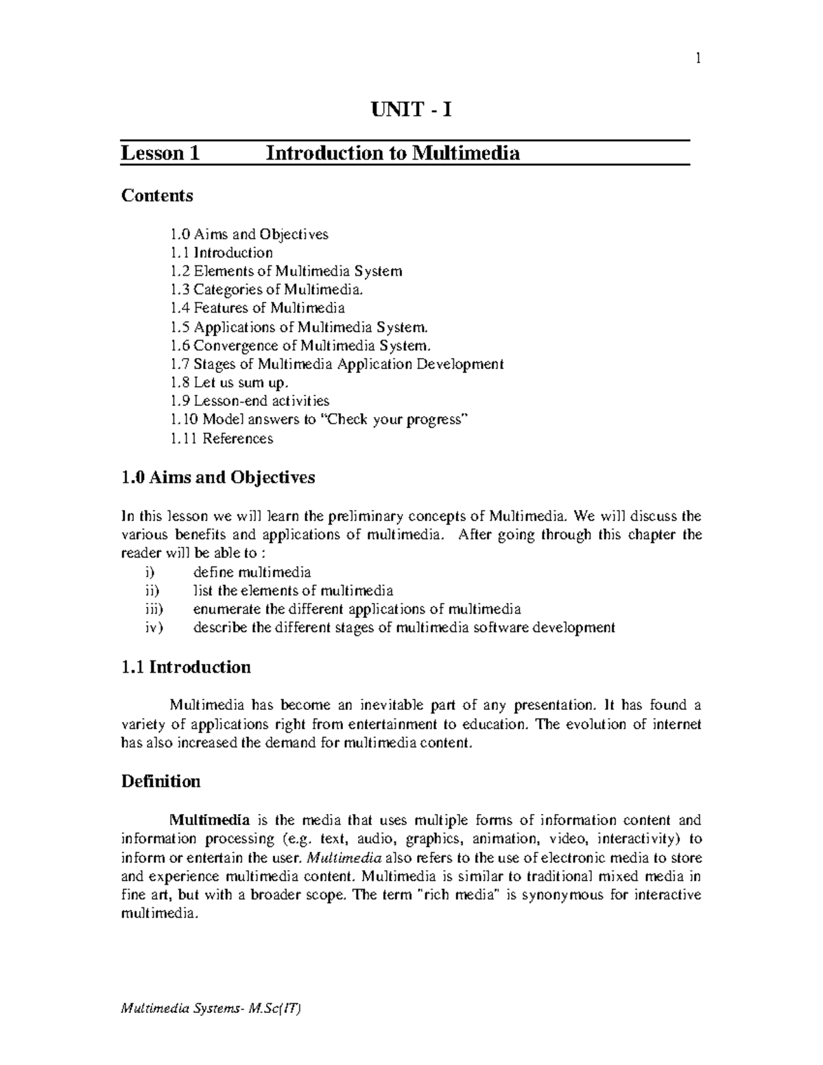 Multi system - chapter - UNIT - I Lesson 1 Introduction to Multimedia Contents 1 Aims and ...