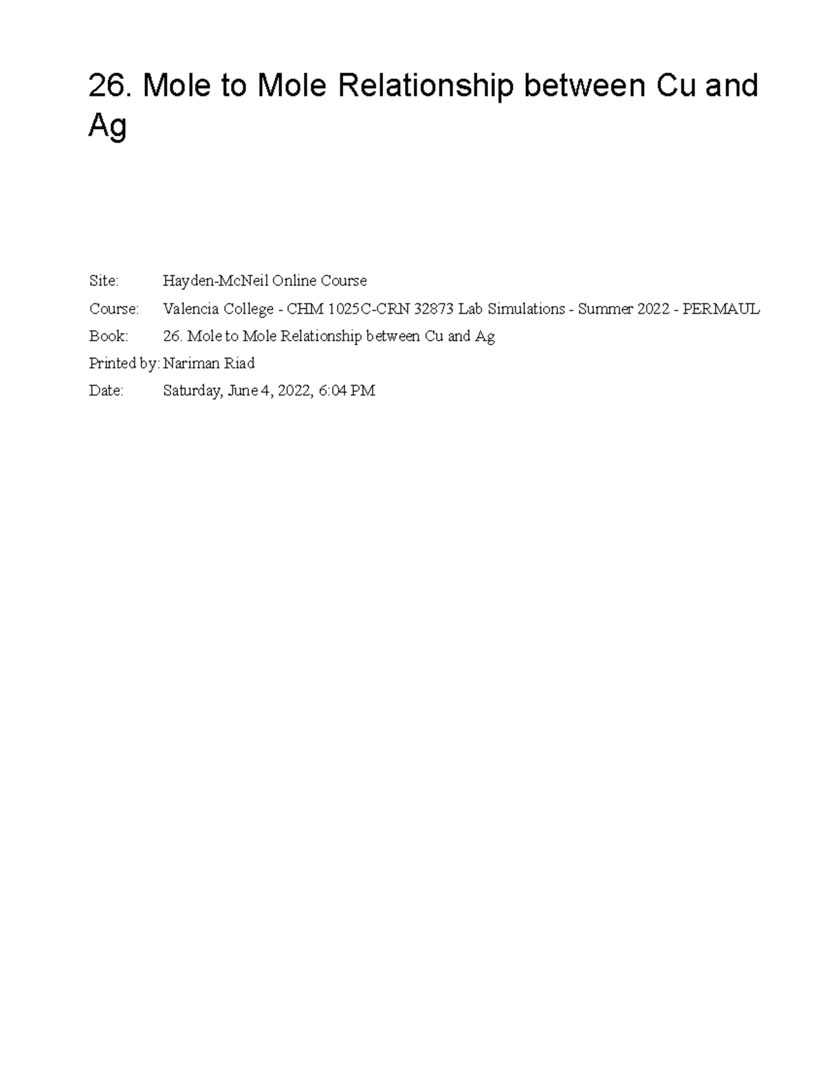 Hayden McNeil Virtual Lab 26 Mole To Mole Relationship Between Cu And