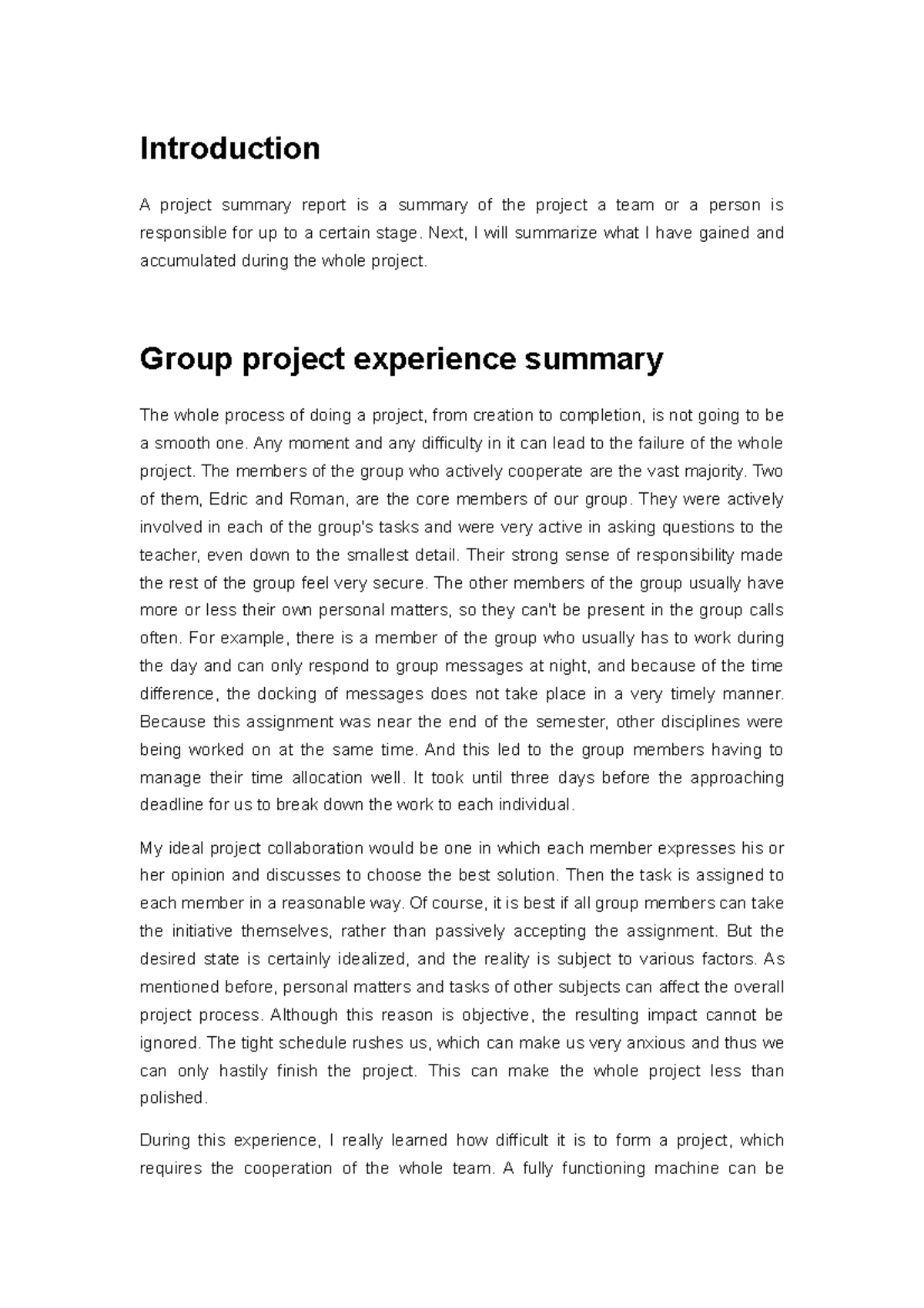 13477474 - ding - Introduction A project summary report is a summary of ...