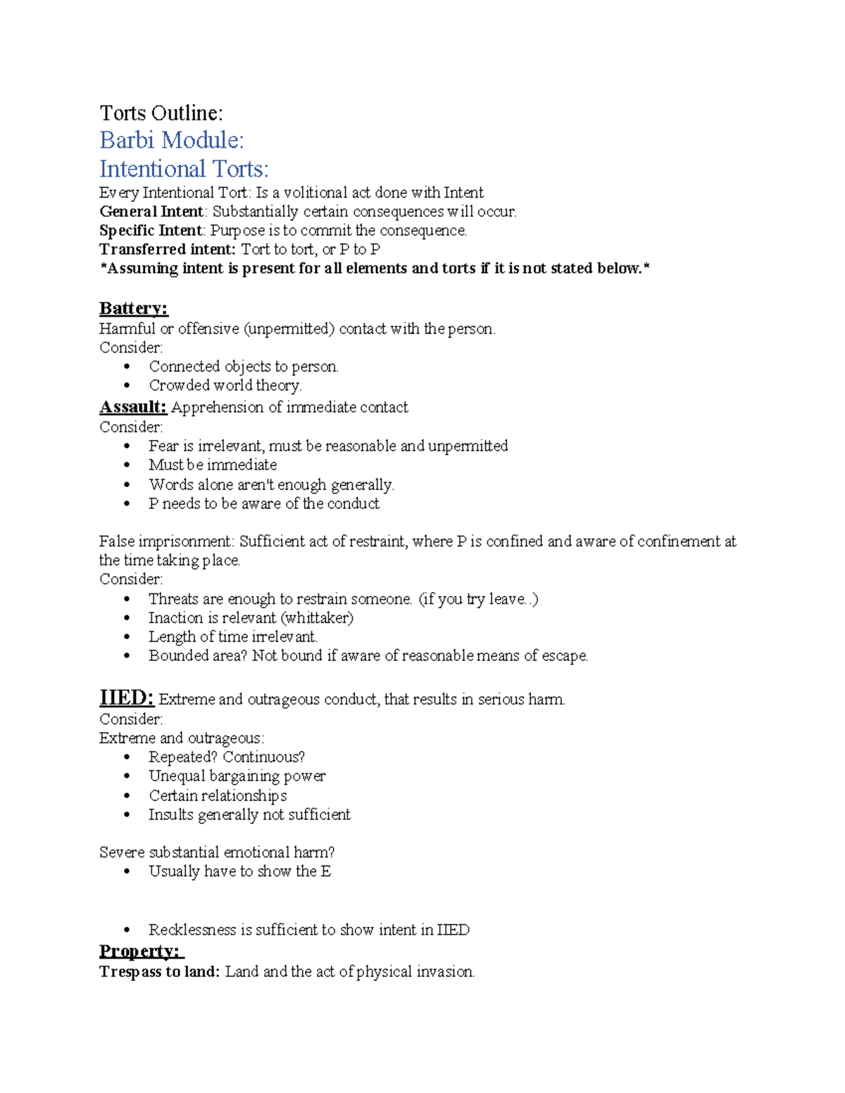 Dorfman Torts Fall2023 - Torts Outline: Barbi Module: Intentional Torts ...