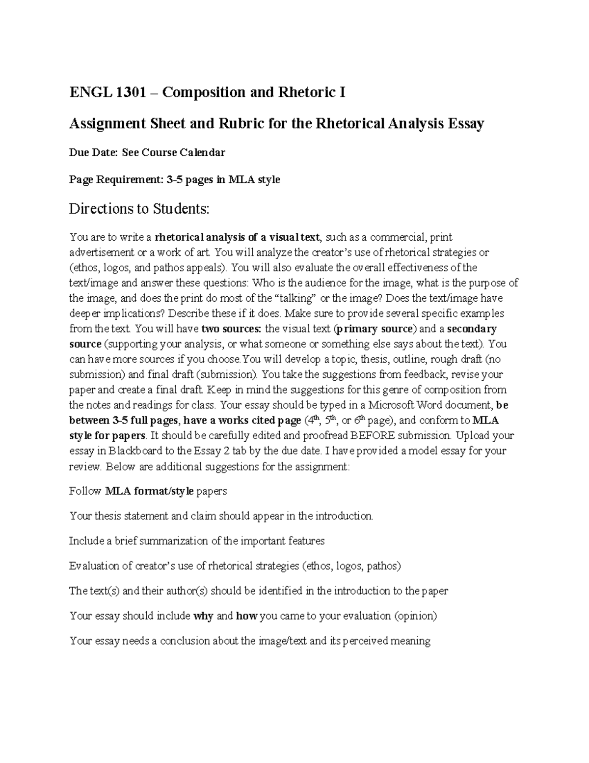 ENGL 1301 Rhetorical Analysis Essay Assignment Sheet and Rubric(1)(2 ...